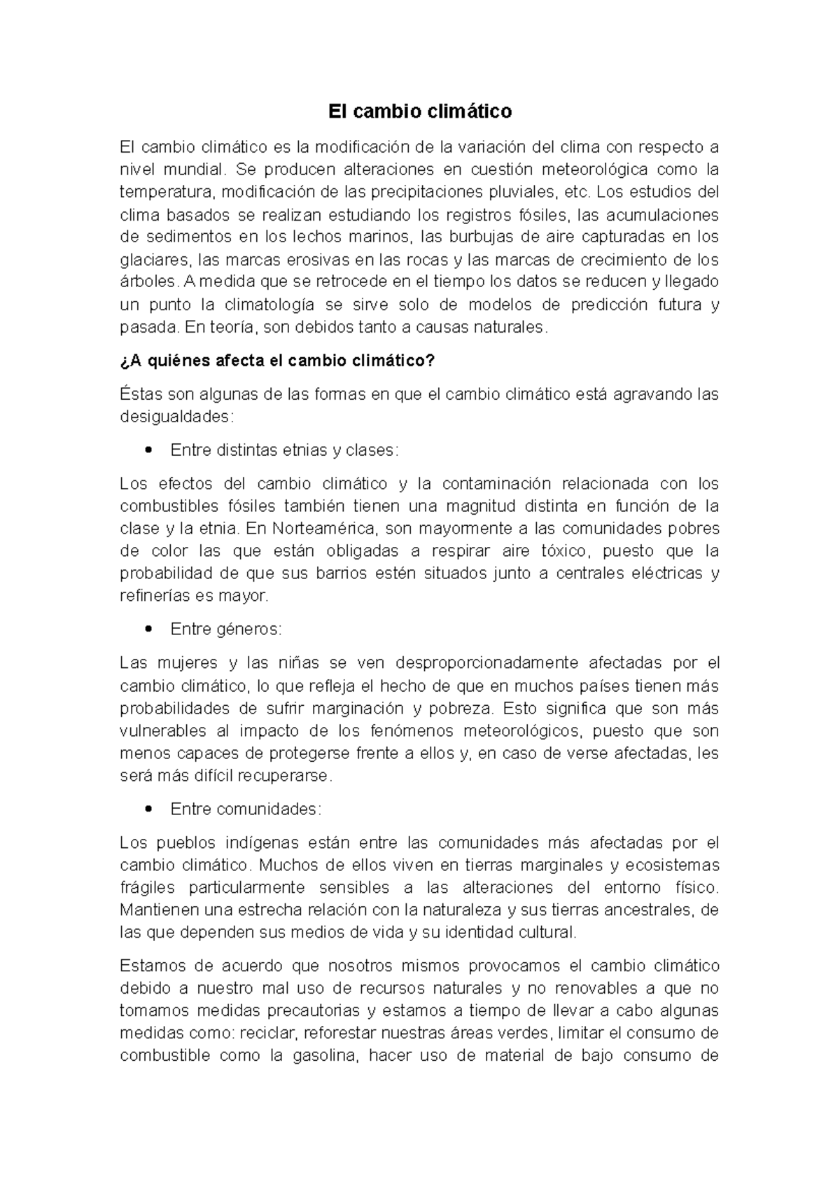 El cambio climático - Ensayo espero ayude - El cambio climático El ...