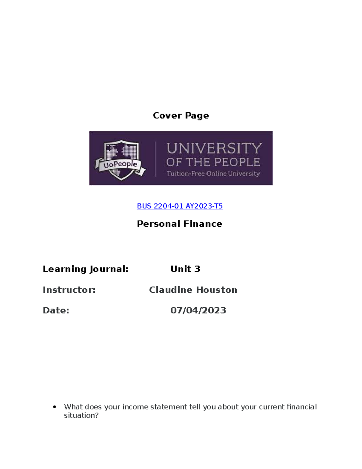 WA.Unit 2 Personal Fianance - Cover Page BUS 2204-01 AY2023-T Personal ...