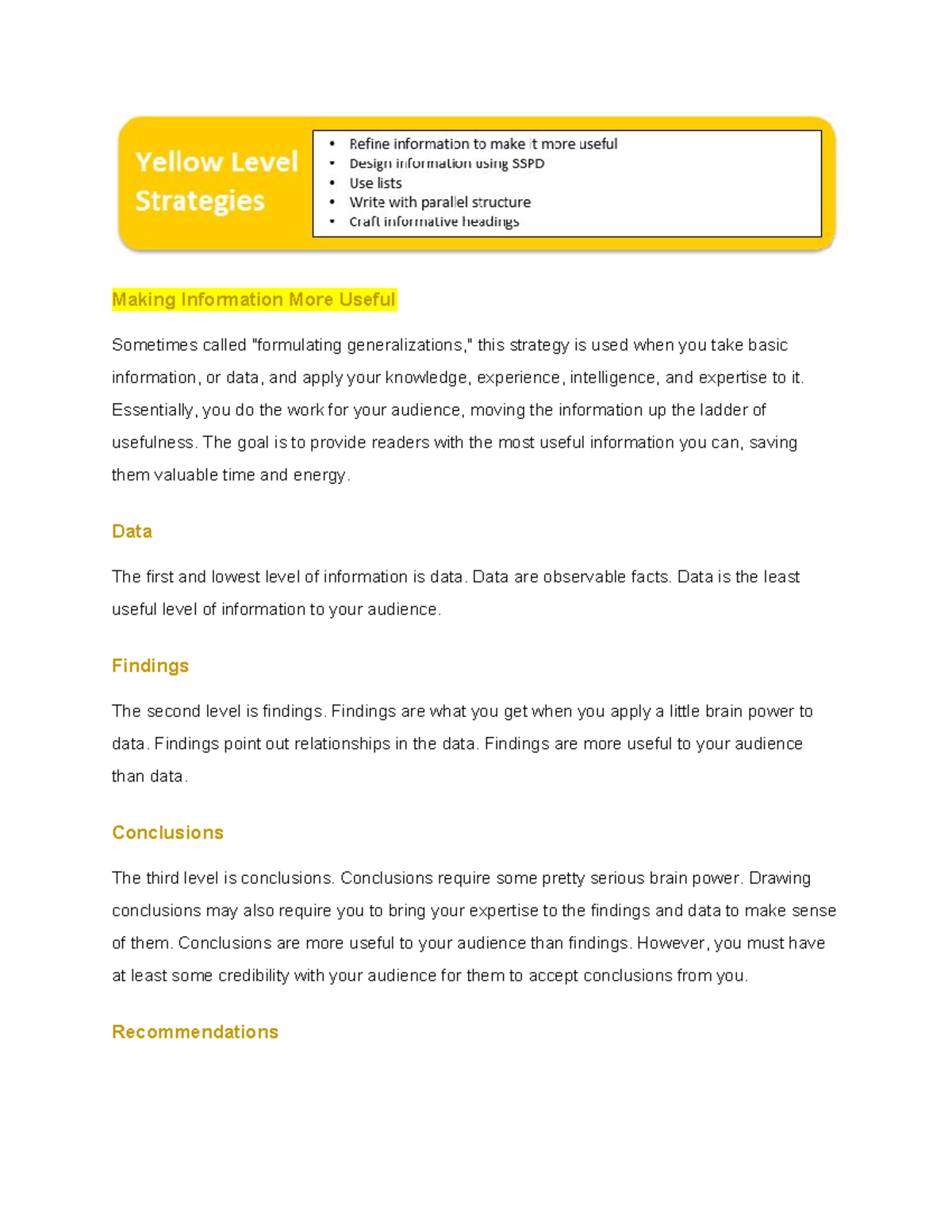 Yellow Strategies - Making Information More Useful Sometimes called ...