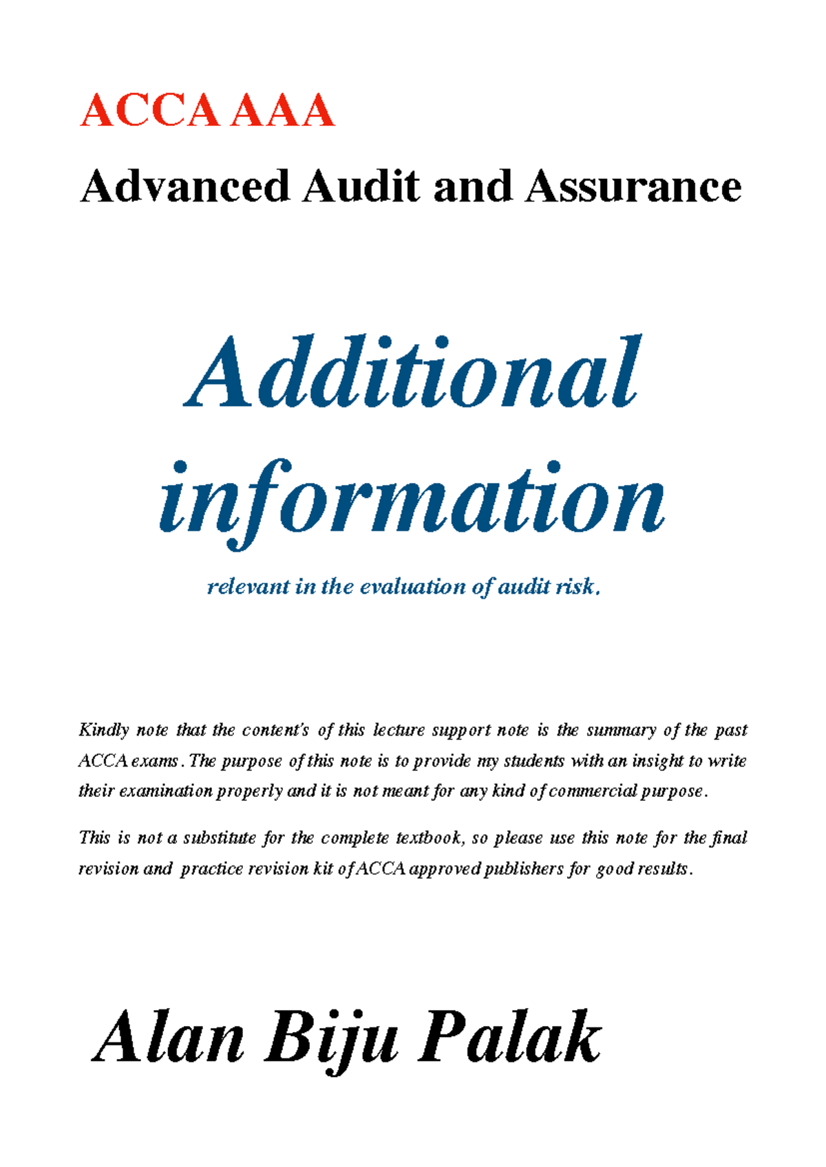ACCA AAA Additional Information notes by Alan Biju Palak - Advanced ...