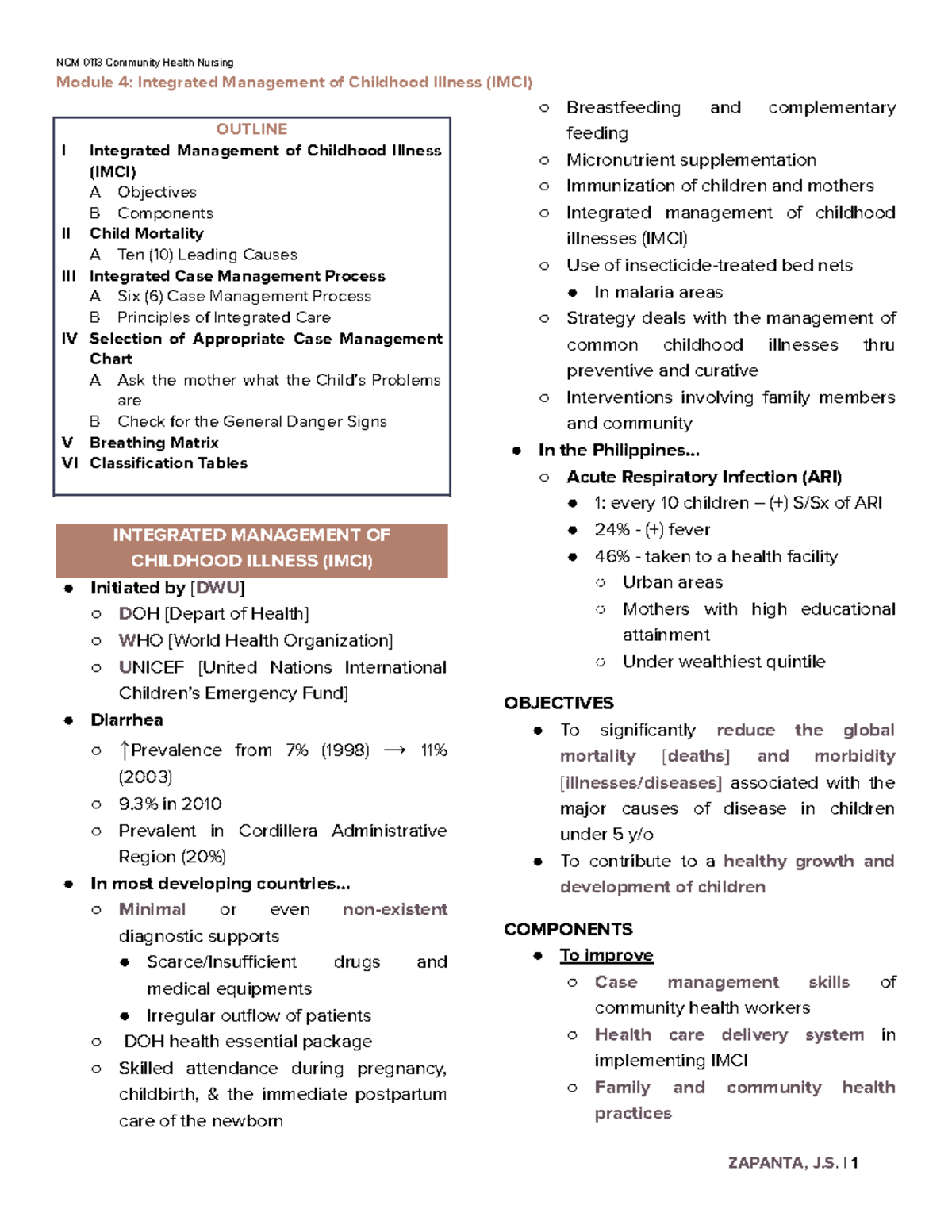 Module 4 Lecture Notes For Ncm 0113 Community Health Nursing Module 4 Integrated Management