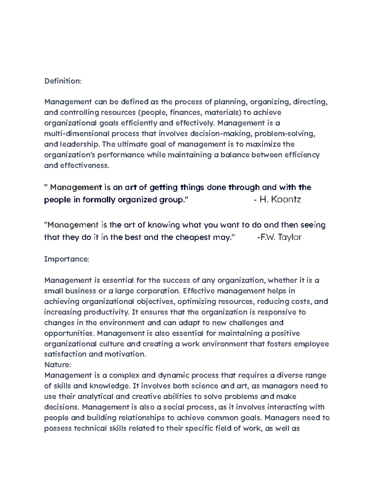 Introduction to principles of management - Definition: Management can ...