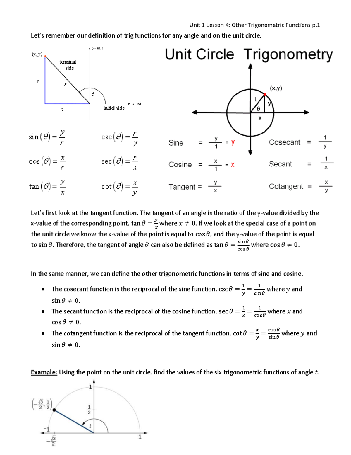 Precal Trig 1720 Unit 1 4 Other Trigonometric Functions Lets