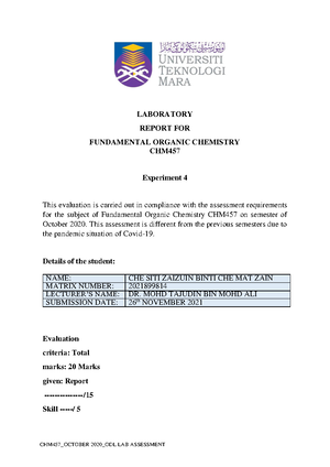 LAB 4 CHM 457 - goodluck - CHM 457 FUNDAMENTAL OF ORGANIC CHEMISTRY LABORATORY REPORT 4 ...