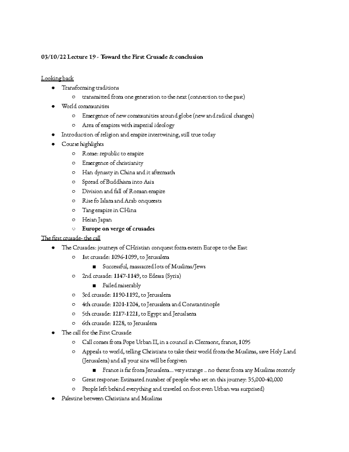 MMW 12 Toward the First Crusade and conclusion Lecture Notes - 03/10/22 ...