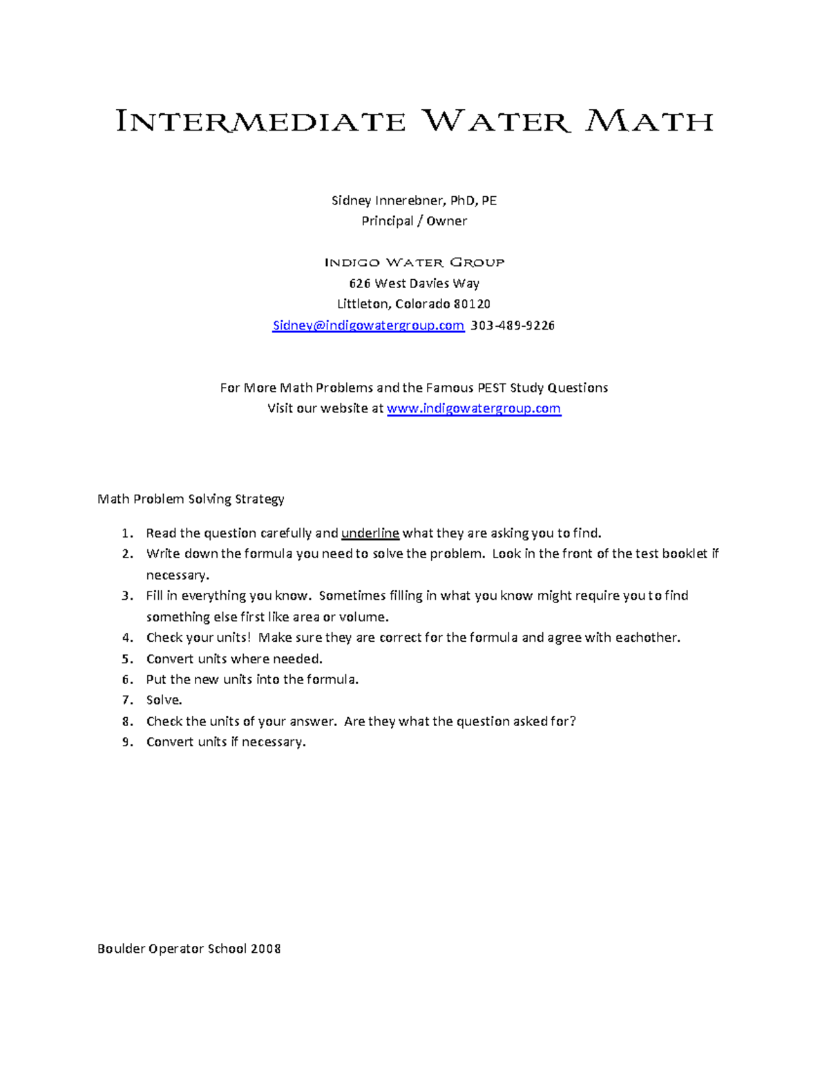 Intermediate Water Math - Intermediate Water Math Sidney Innerebner ...