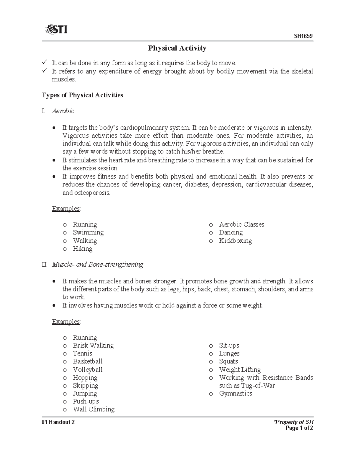 SH1659 - Physical Education and Health 2 01 Handout 2 - SH 01 Handout 2 ...