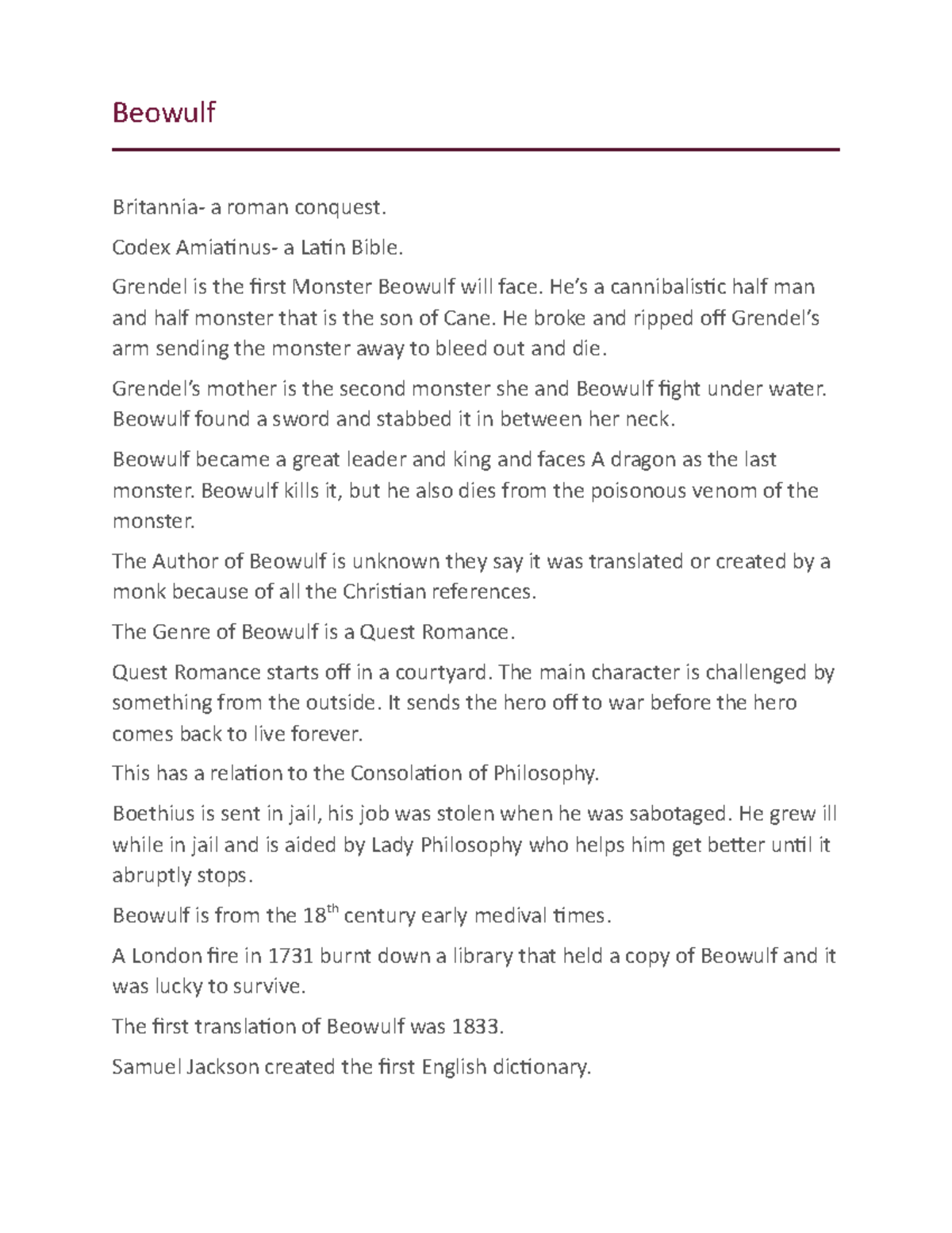 Beowulf Lecture notes. - Beowulf Britannia- a roman conquest. Codex ...