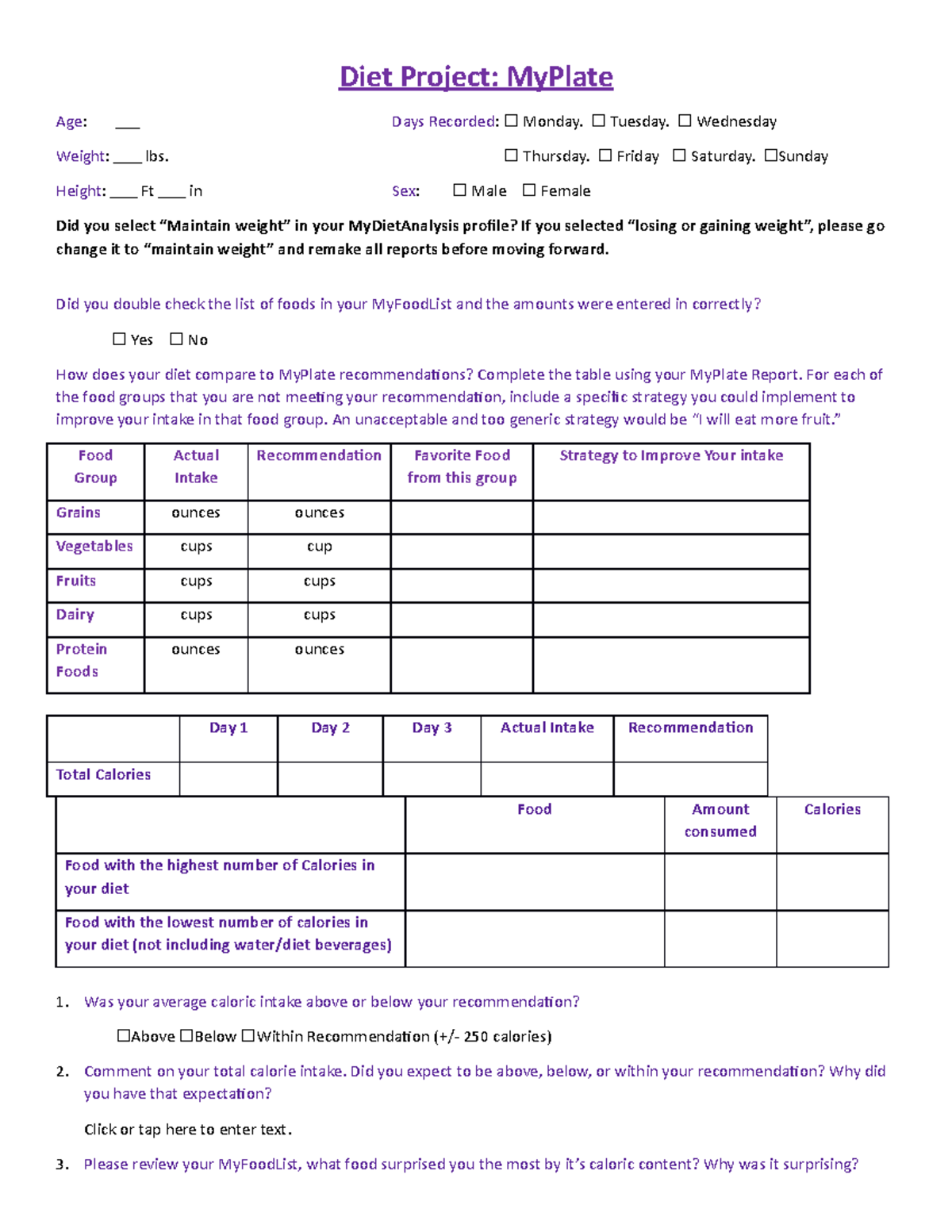 Diet Project My Plate Jan 2022 - Diet Project: MyPlate Age: Days Recorded: ☐ Monday. ☐ Tuesday ...