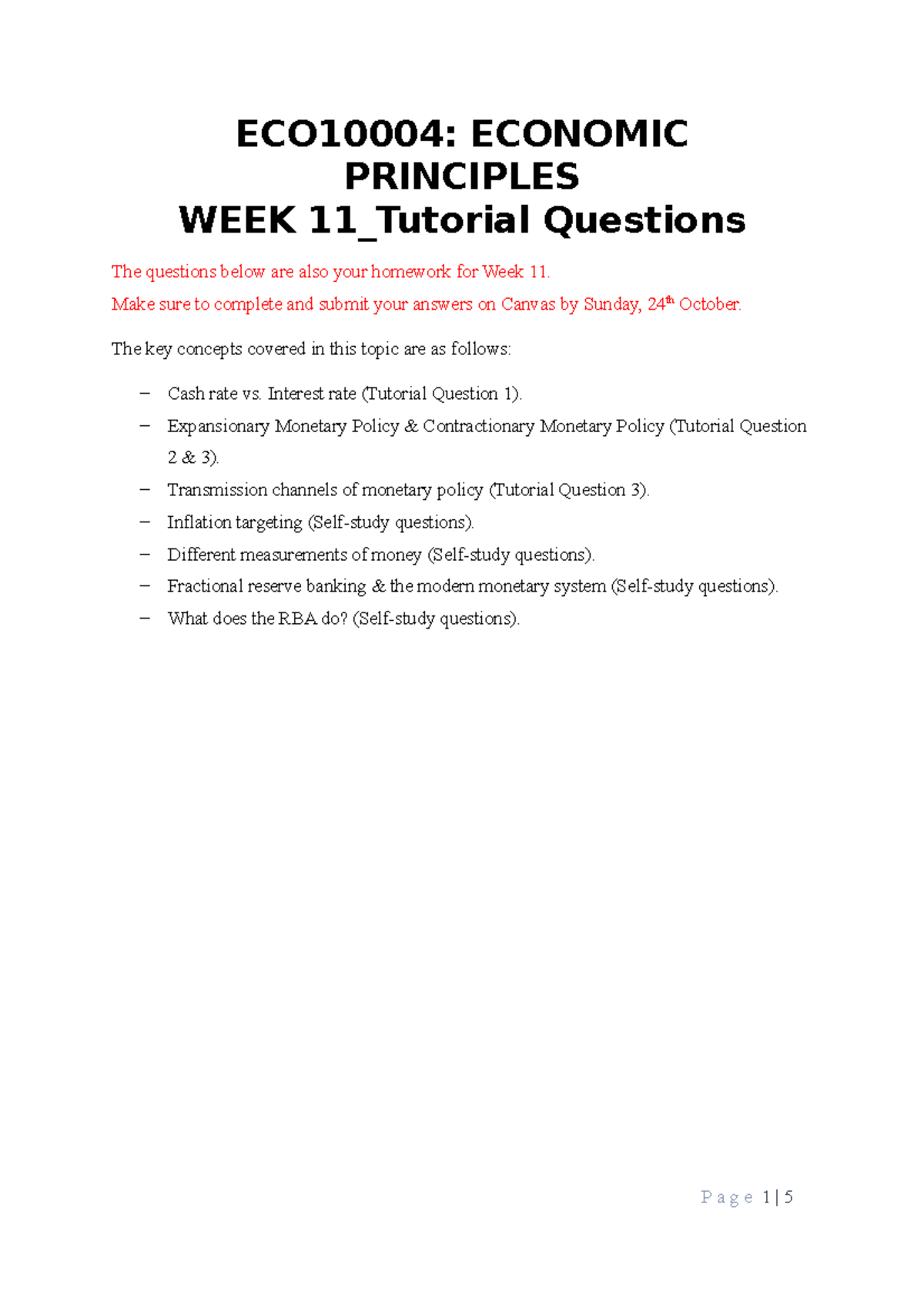 Week 11 Tutorial Questions - ECO10004: ECONOMIC PRINCIPLES WEEK 11_Tutorial Questions The ...