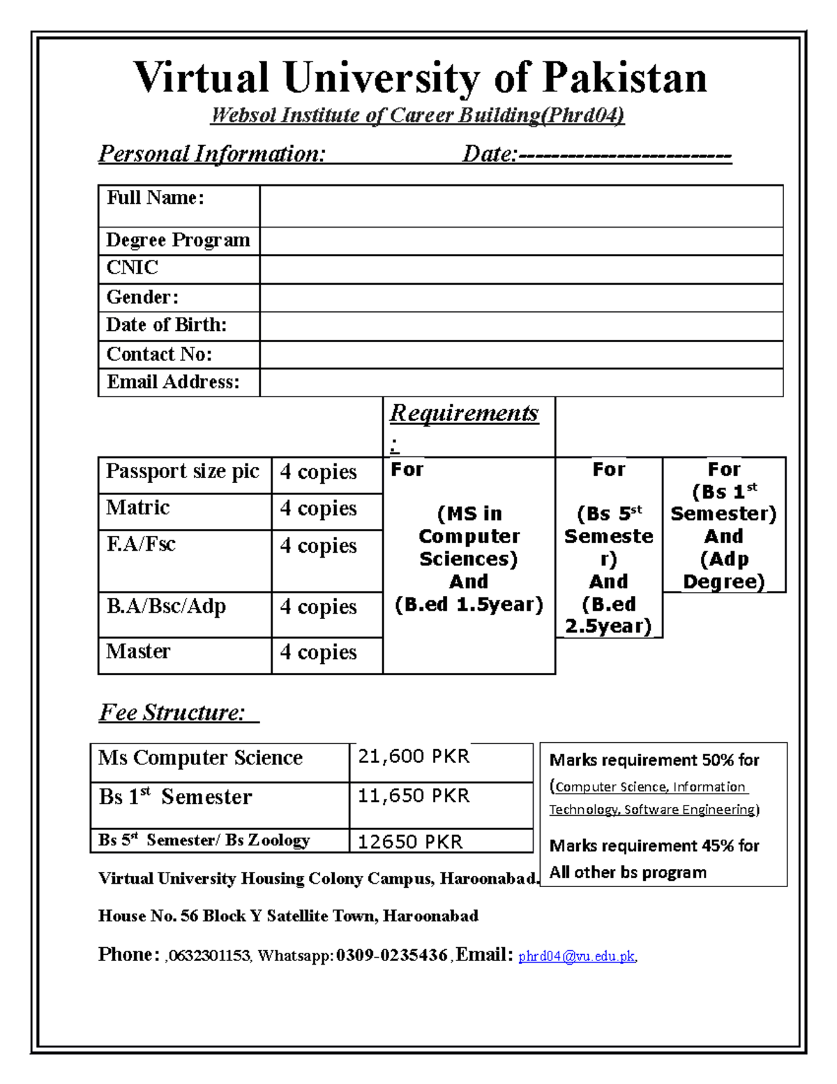 Addmission form - nothing - Bs Computer science - VU - Studocu