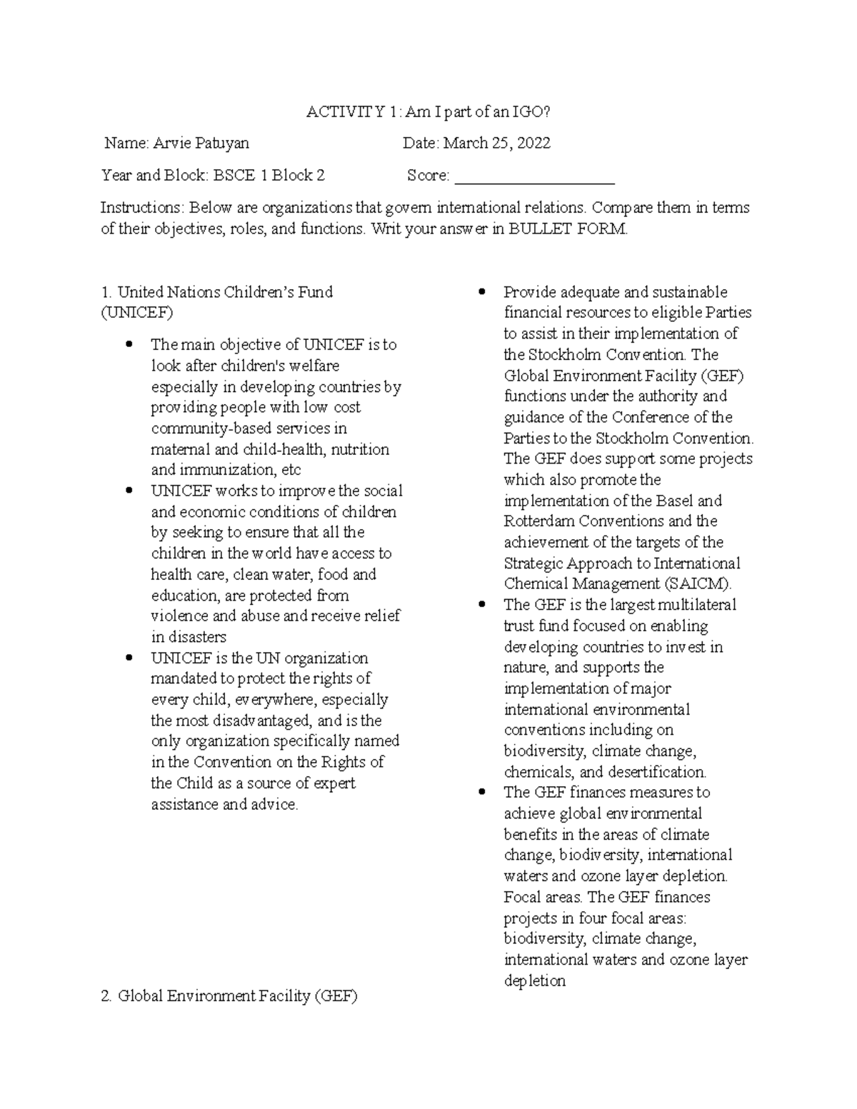 Activity 1 AM I PART OF AN IGO - Engineering Orientation - Studocu