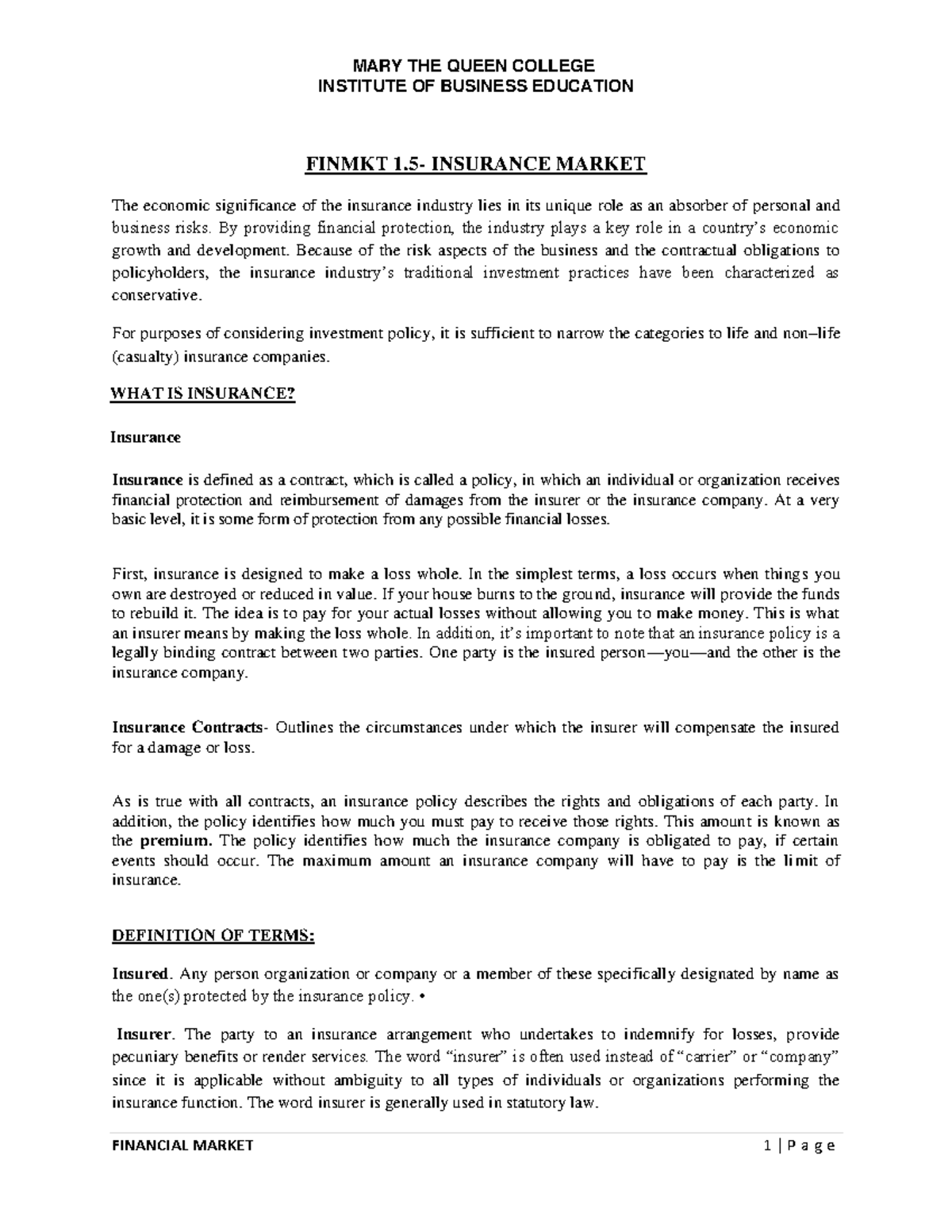 Chapter 5 Module - notes - INSTITUTE OF BUSINESS EDUCATION FINMKT 1. 5 ...