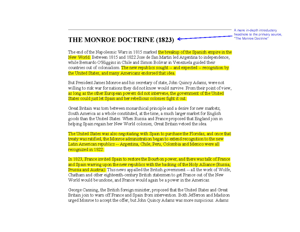Introduction to the Monroe Doctrine - THE MONROE DOCTRINE (1823) The ...