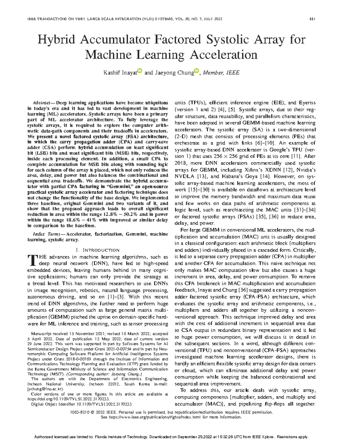 Hybrid Accumulator Factored Systolic Array For Machine Learning Acceleration Ieee Transactions