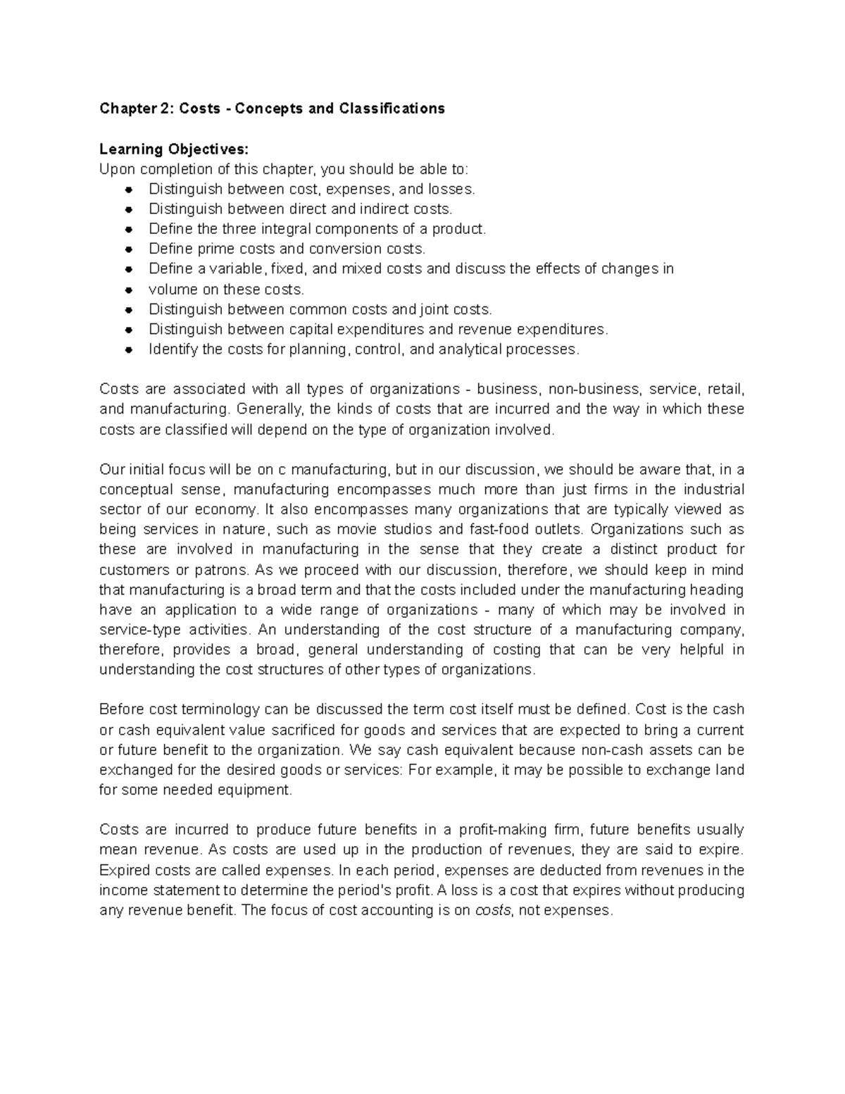 Chapter 2 Cost - Concepts and Classifications - Chapter 2: Costs ...