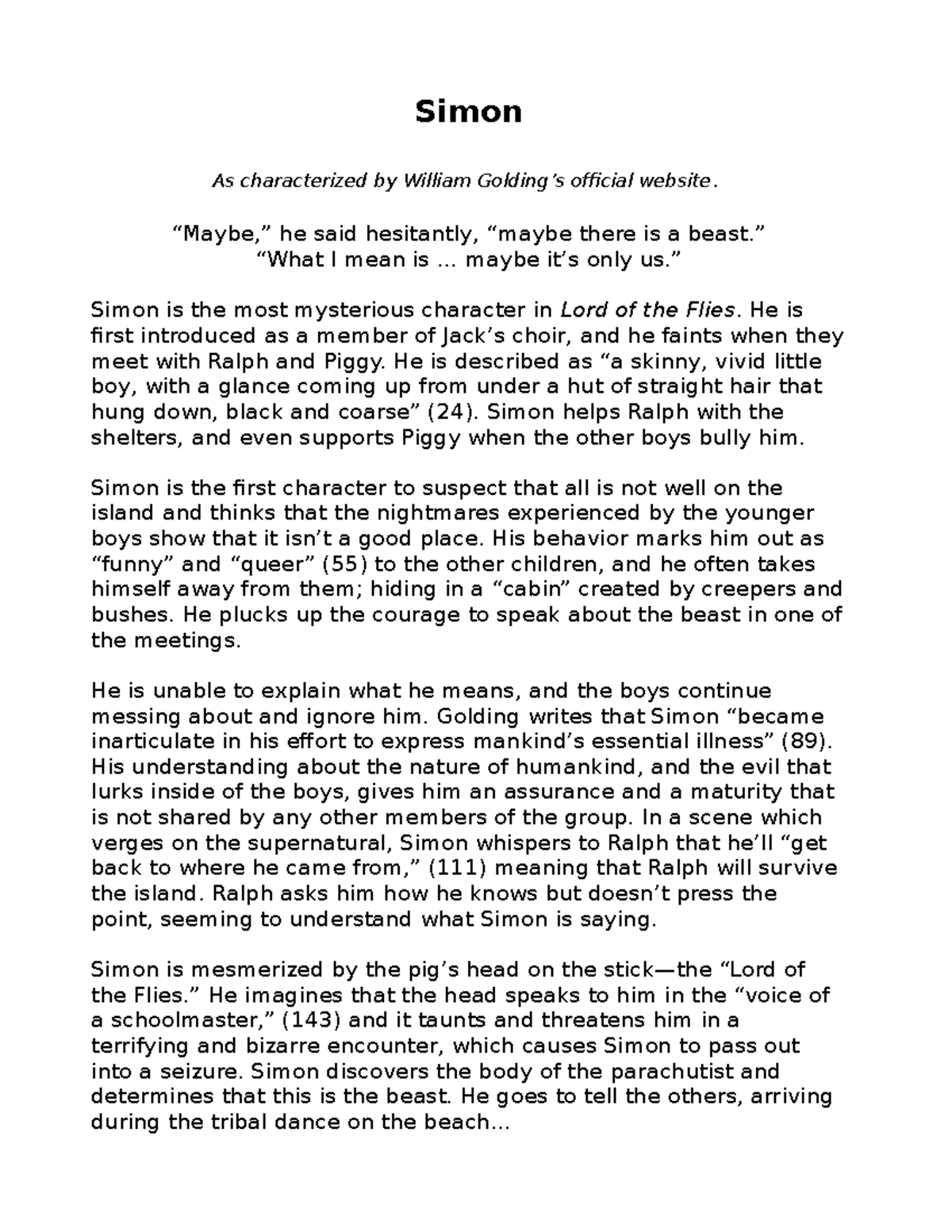 Simon 2022 6th Block - Simon As characterized by William Golding’s ...