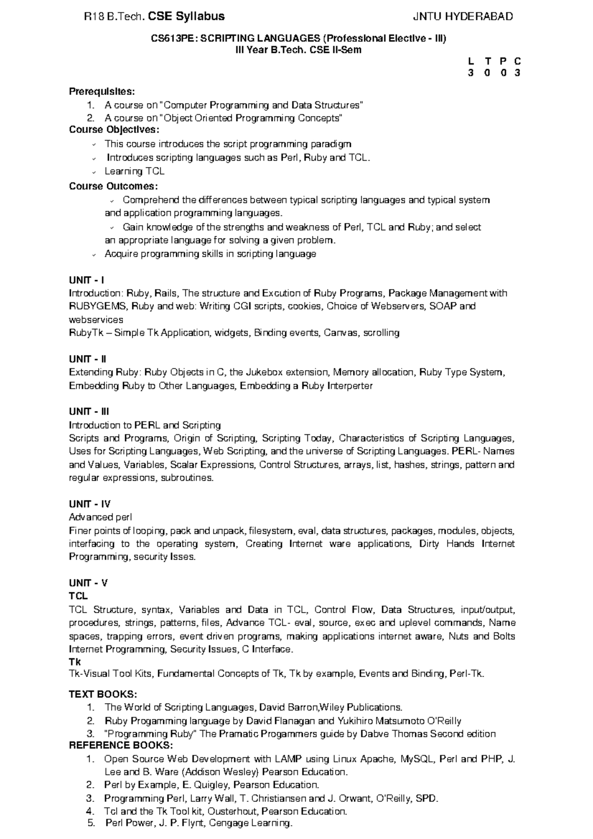 Sl Syllabus R 18 B Cse Syllabus Jntu Hyderabad Cs 613 Pe Scripting
