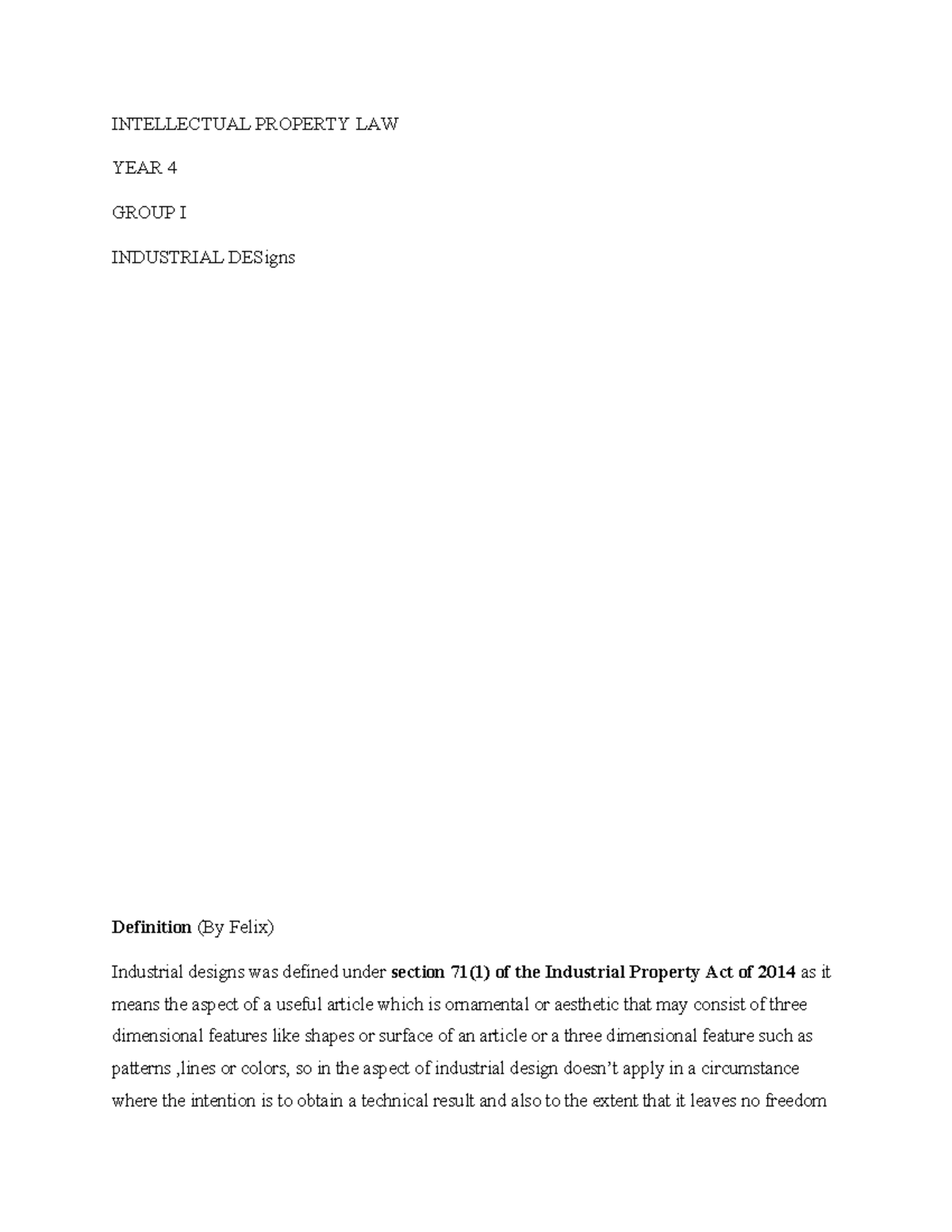 Industrial designs law - INTELLECTUAL PROPERTY LAW YEAR 4 GROUP I ...