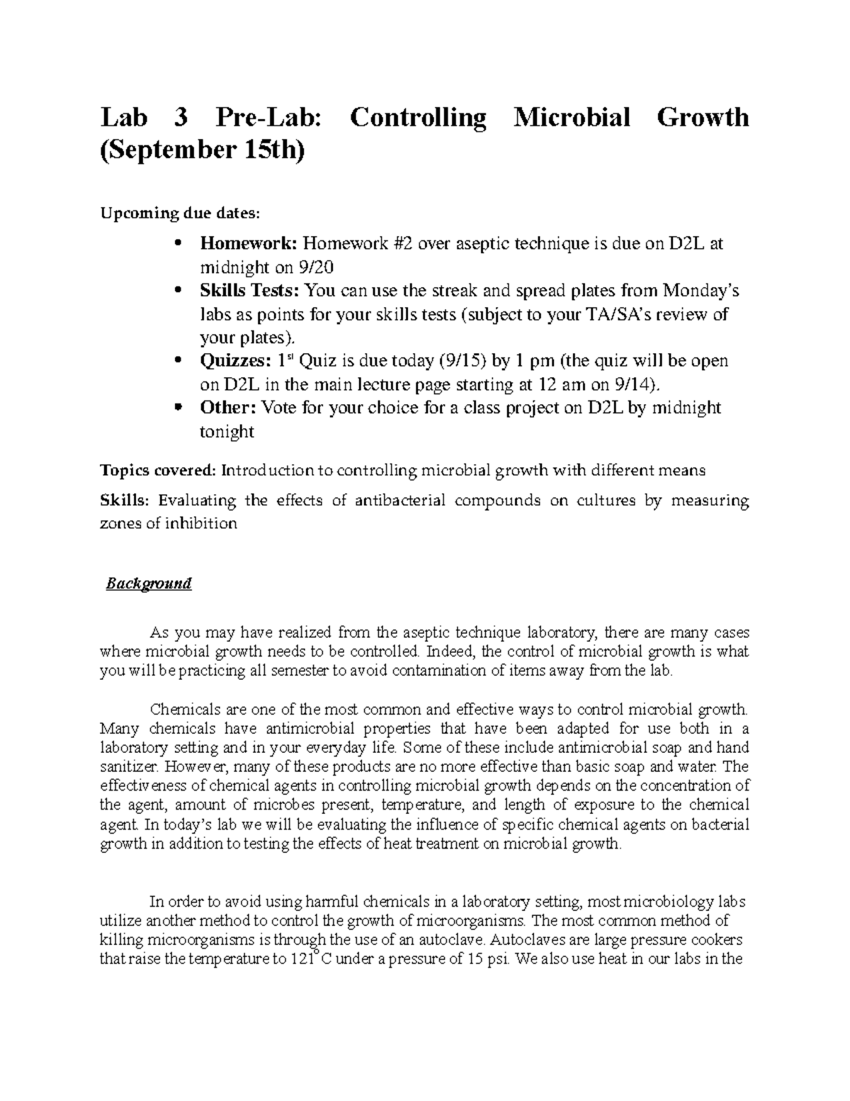 Pre-Lab 3 controlling microbial growth Fall 2021 - BIOM 360 - MSU - Studocu