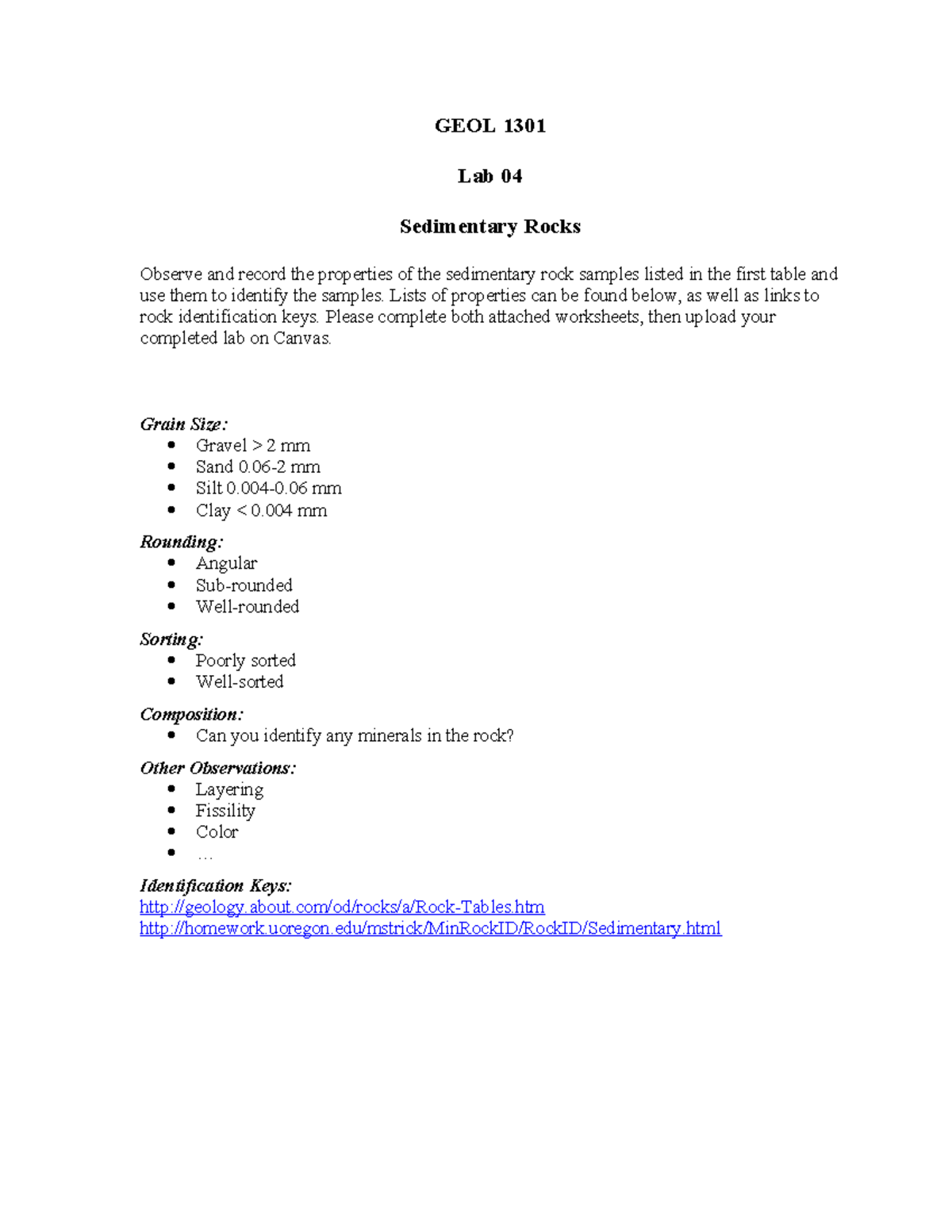 GEOL 1301 - Lab 04 - Sedimentary Rocks - GEOL 1301 Lab 04 Sedimentary ...