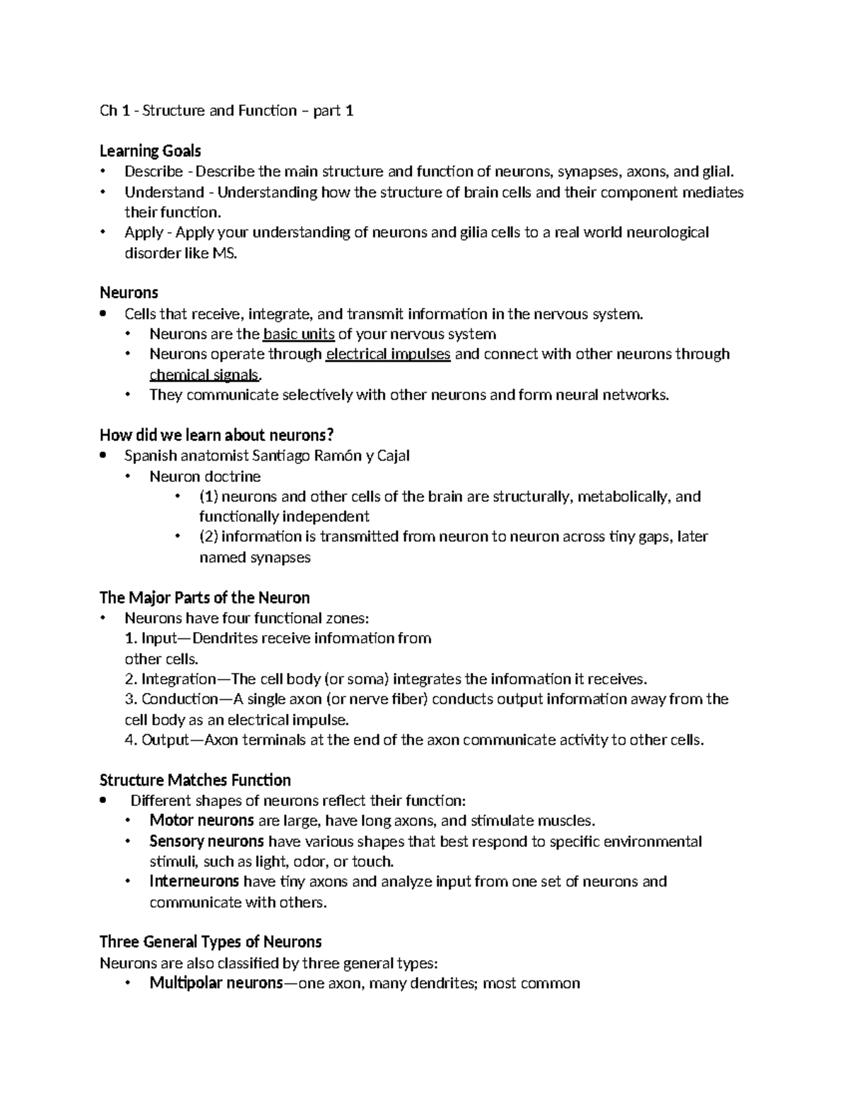 Revised Ch 1 - Structure and Function - Outline - Ch 1 - Structure and ...
