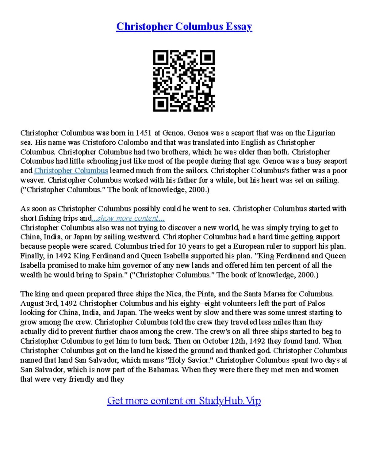 Christopher Columbus Essay - Christopher Columbus Essay Christopher ...