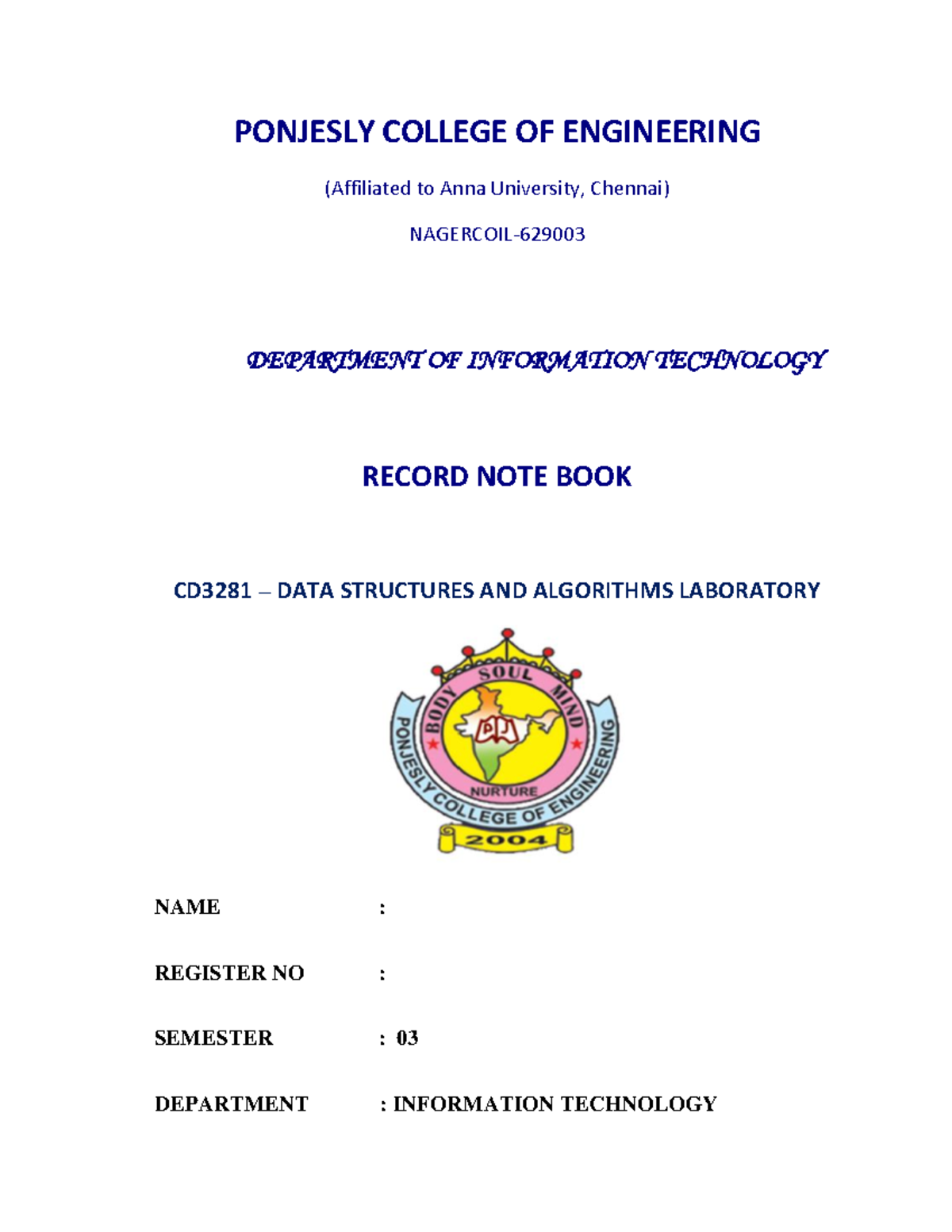 Record DATA Structures AND Algorithm LAB - PONJESLY COLLEGE OF ENGINEERING (Affiliated to Anna ...