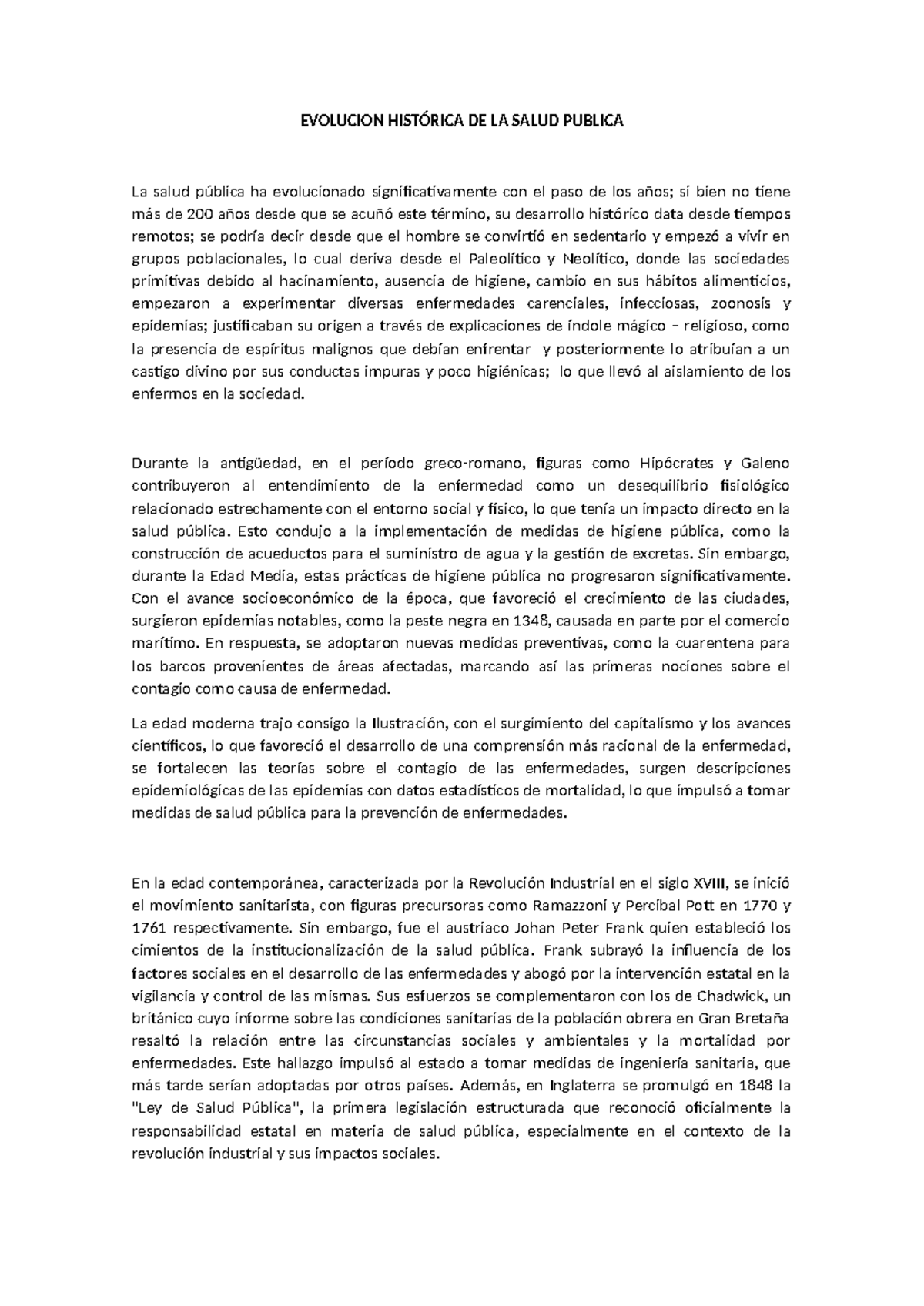 Evolucion Histórica DE LA Salud Publica - IFA1 - EVOLUCION HISTÓRICA DE ...