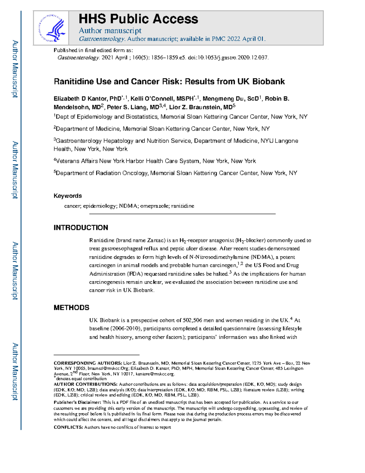 Nihms-1658494 - ..... - Ranitidine Use and Cancer Risk: Results from UK ...