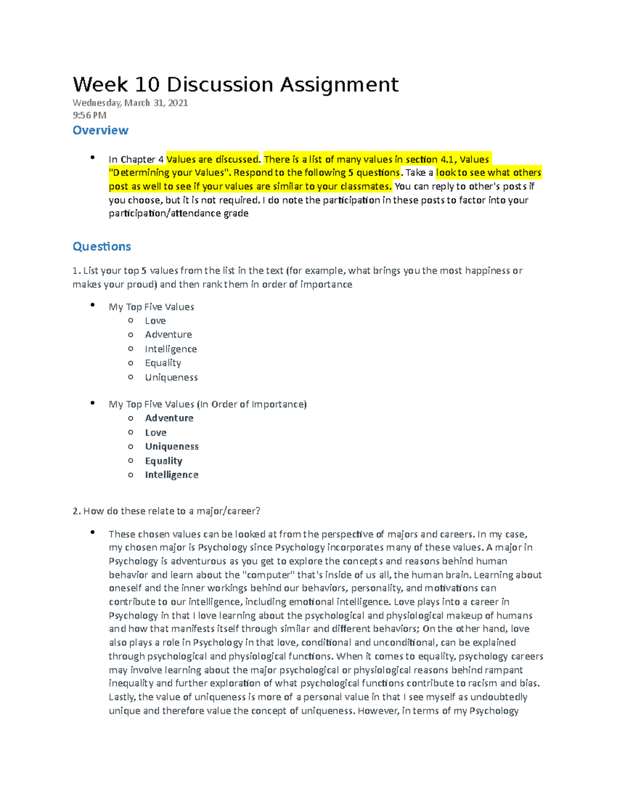 Week 10 Discussion Assignment - Values - Week 10 Discussion Assignment ...