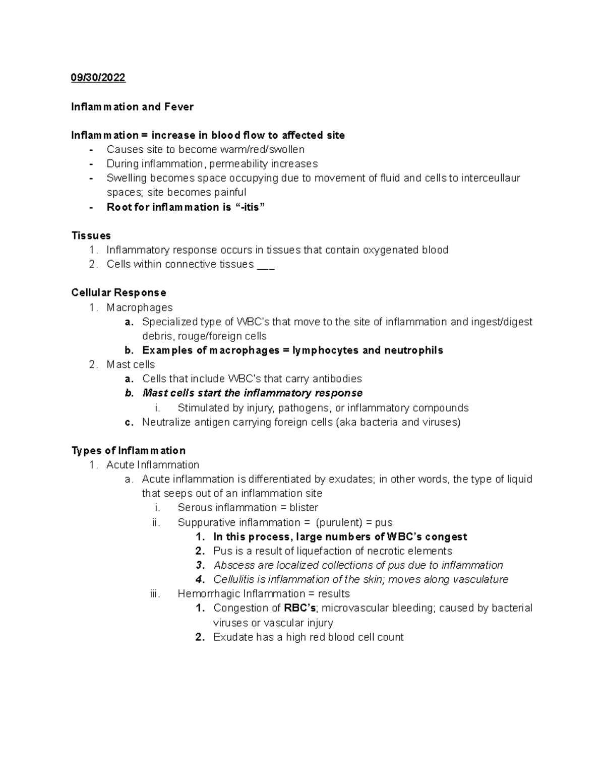 Unit 3 HSC 201 Notes - 09/30/ Inflammation and Fever Inflammation ...