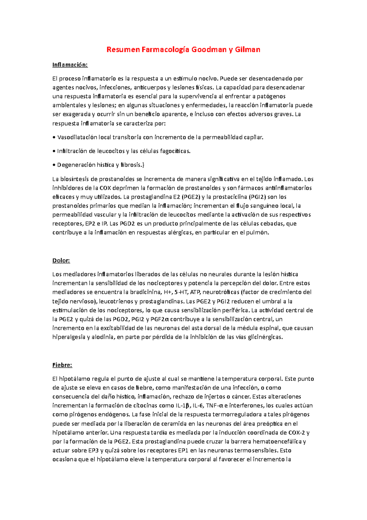 Resumen Farmacología Goodman y Gilman - Resumen Farmacología Goodman y Gilman Inflamación: El ...