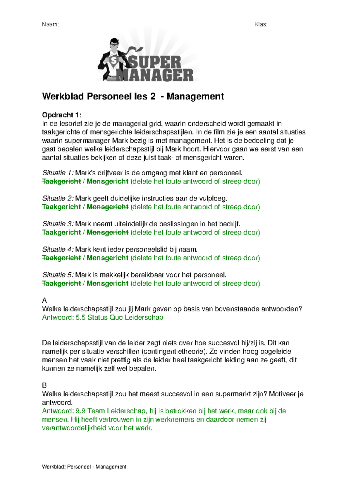 HD Management - Werkblad Personeel les 2 - Management Opdracht 1: In de ...