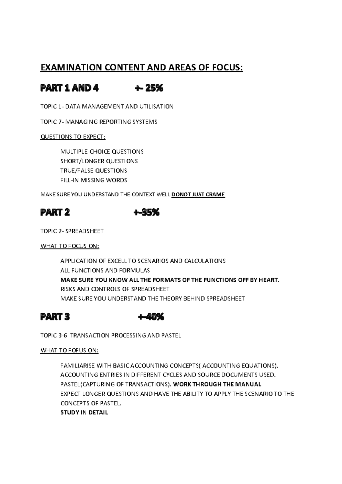 2018 Revision Package - EXAMINATION CONTENT AND AREAS OF FOCUS: TOPIC 1 ...