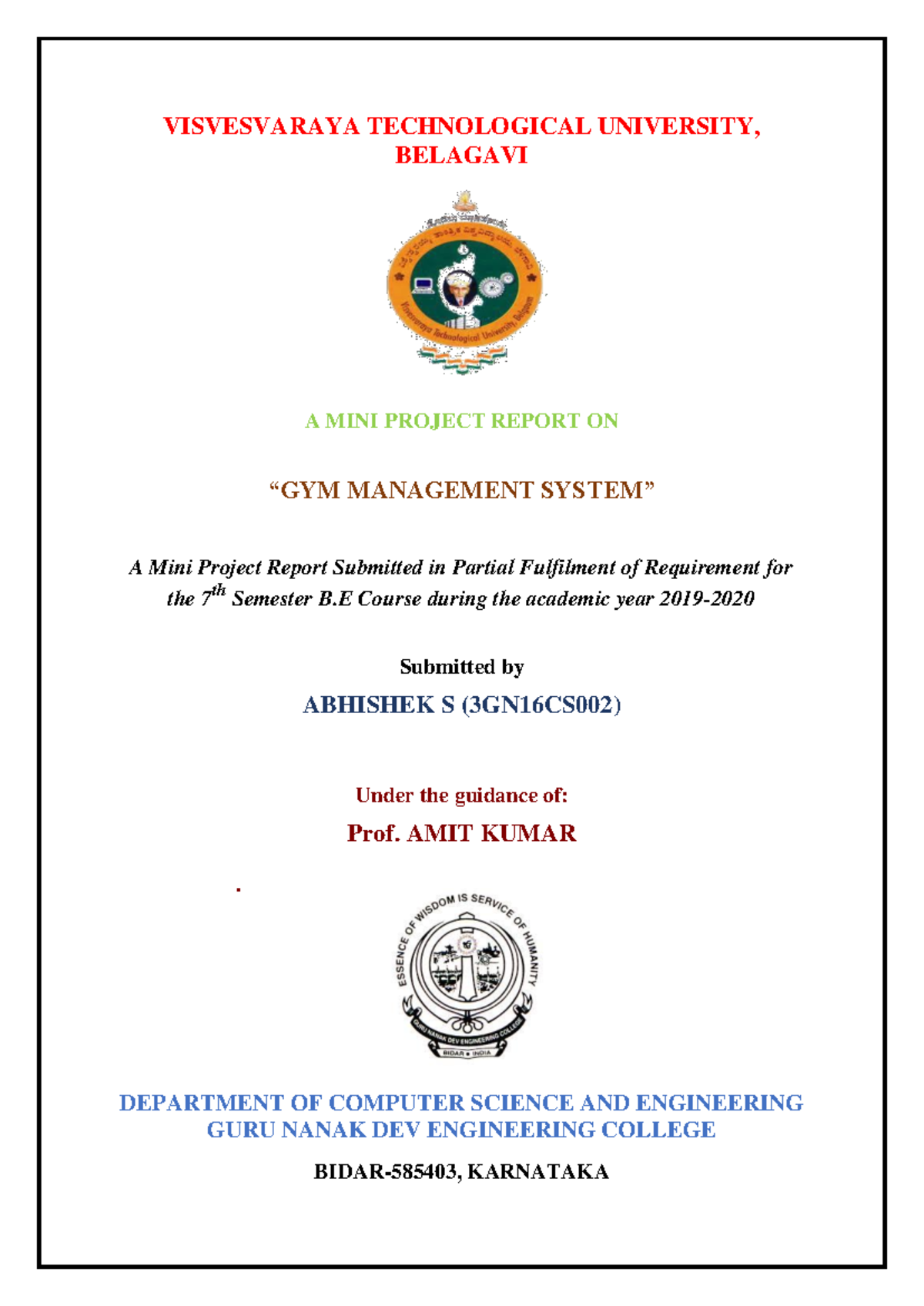 Gym Management System Report - VISVESVARAYA TECHNOLOGICAL UNIVERSITY ...