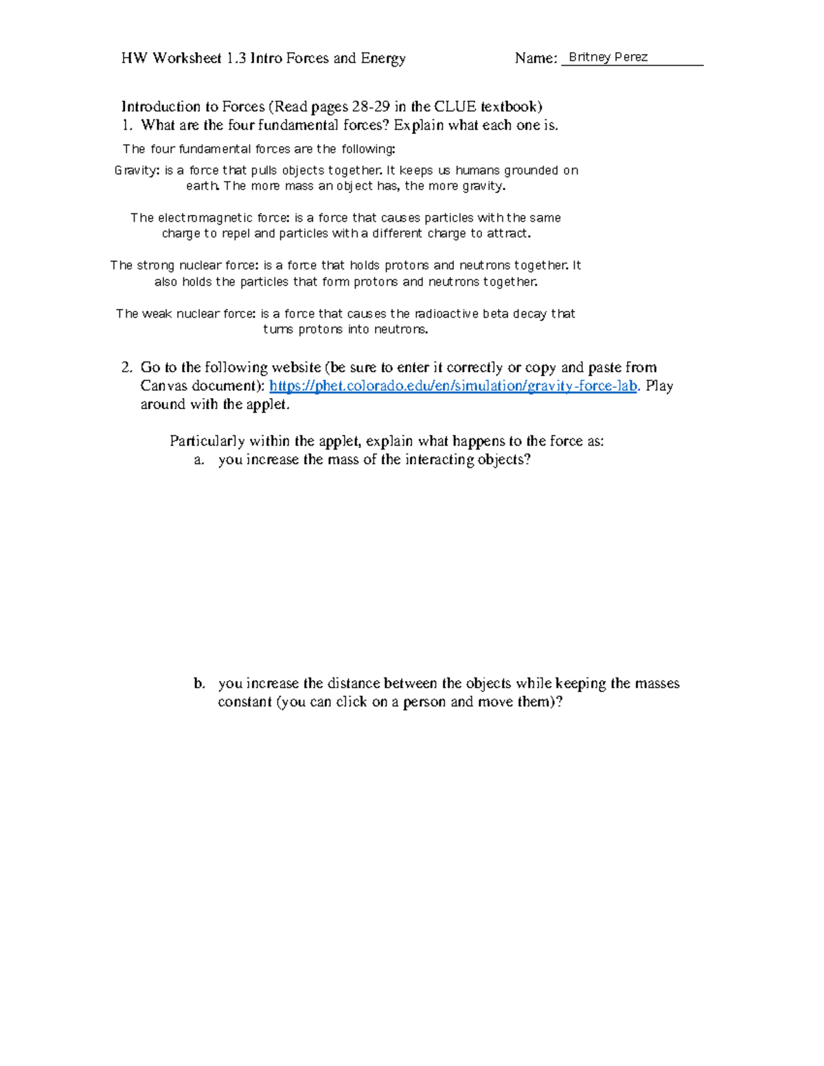 HW Worksheet 1.3 Intro Forces and Energy - Go to the following website (be sure to enter it ...