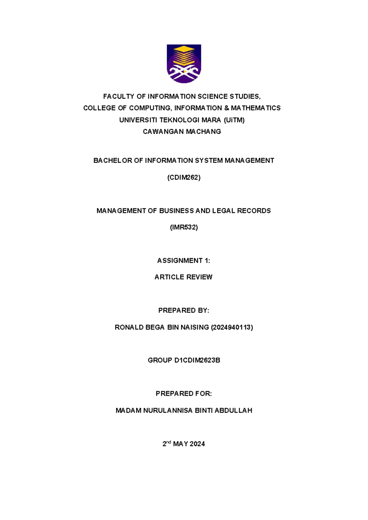 Cover page - Copy - FACULTY OF INFORMATION SCIENCE STUDIES, COLLEGE OF ...