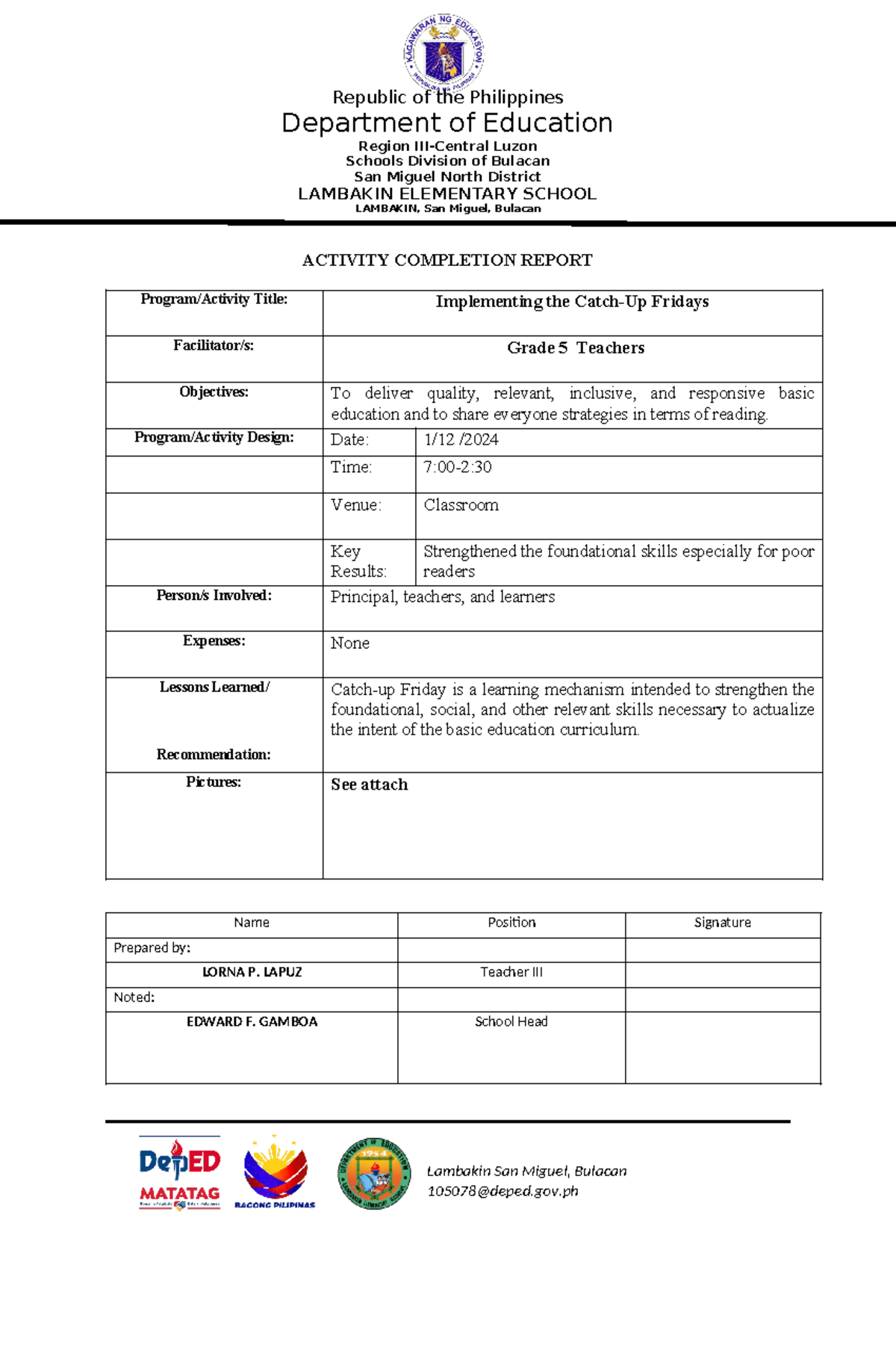 ACR Catch UP - ACCOMPLISHMENT REPORT SAMPLE - Department of Education ...