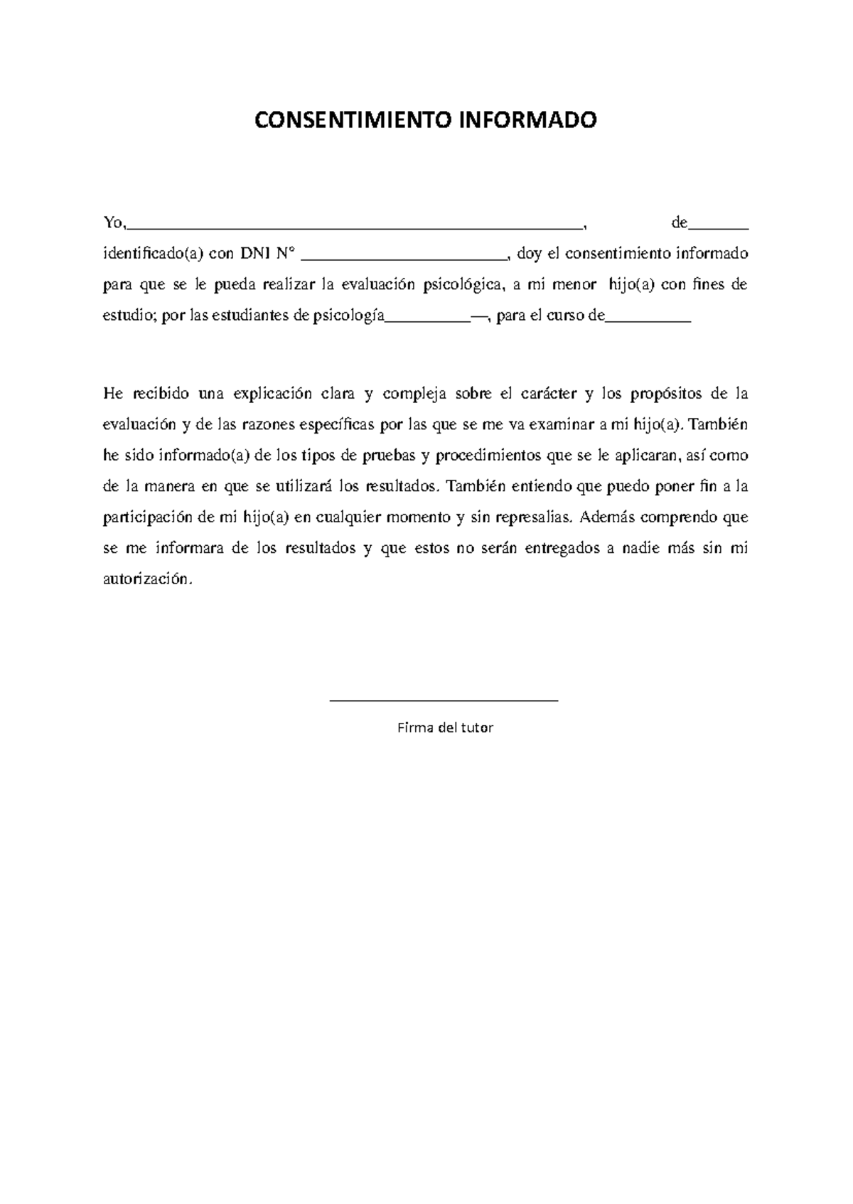 Modelo de consentimiento informado - CONSENTIMIENTO INFORMADO - Studocu