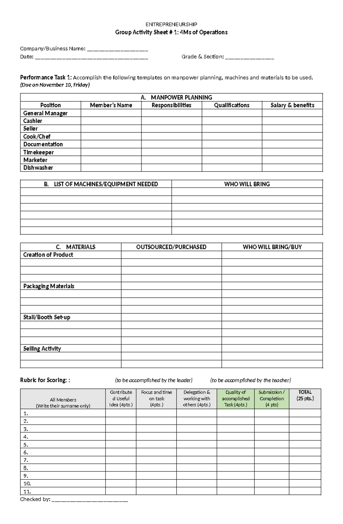 20231108 T102822550 - Assignment - Group Activity Sheet # 1: 4Ms of ...