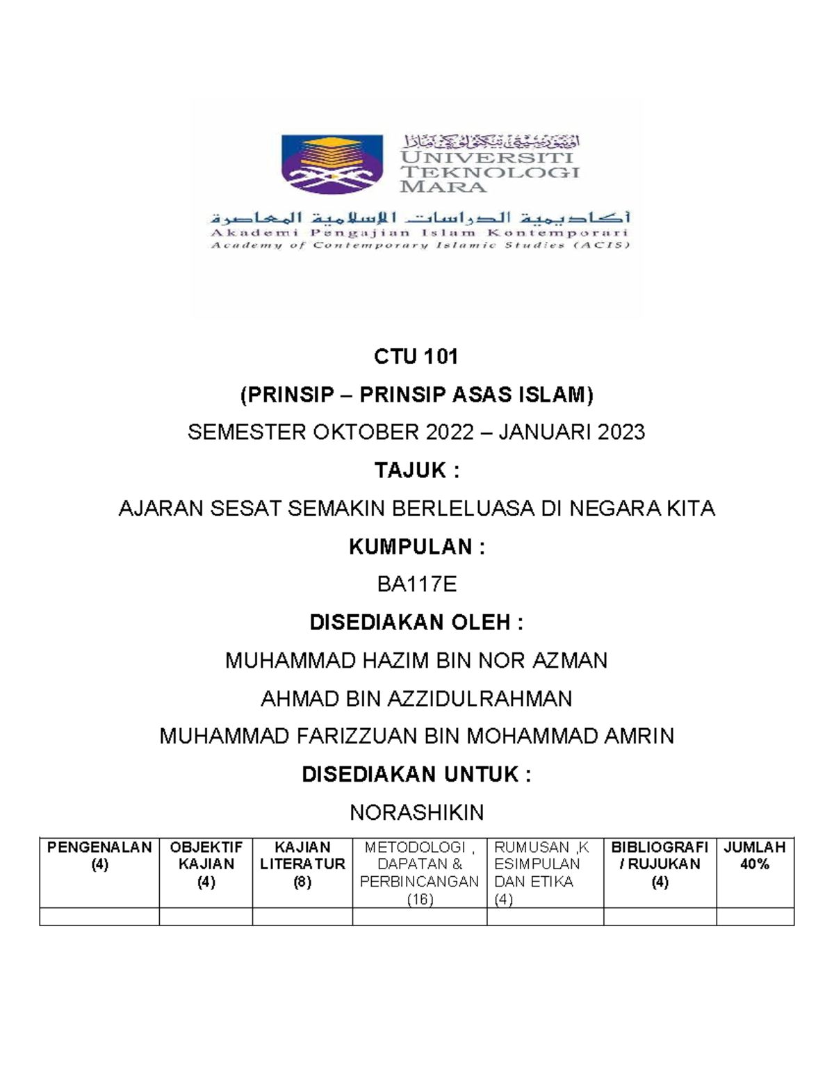CTU 101 - assignment uitm - CTU 101 (PRINSIP – PRINSIP ASAS ISLAM) SEMESTER OKTOBER 2022 ...