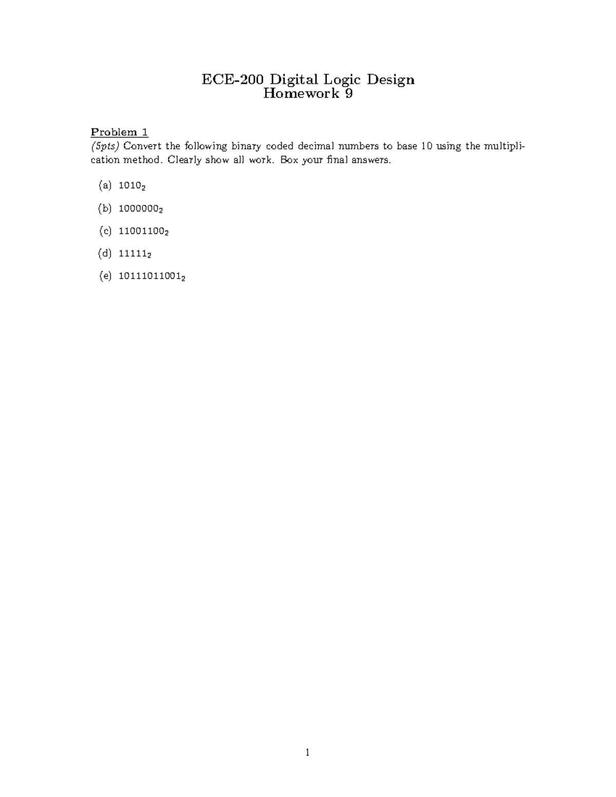Hw9 Digital Logic Design Homework Ece 200 Digital Logic Design Homework 9 Problem 1 5pts