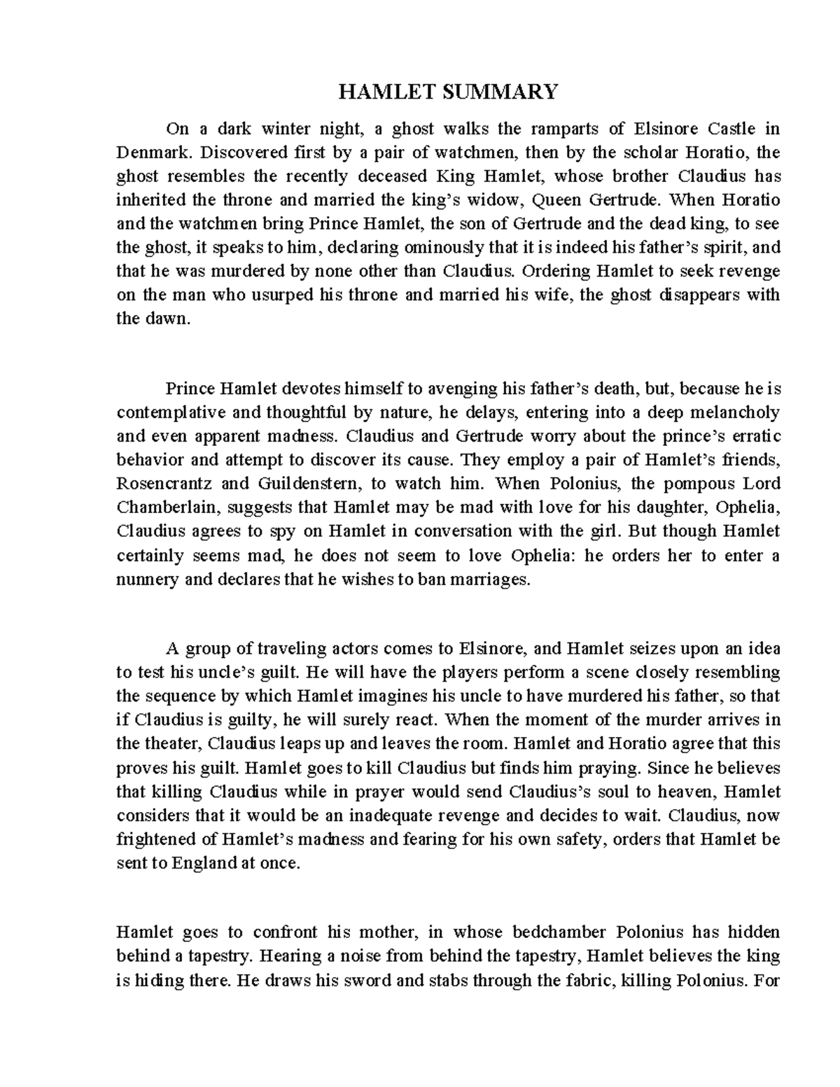 Hamlet Summary - HAMLET SUMMARY On a dark winter night, a ghost walks ...