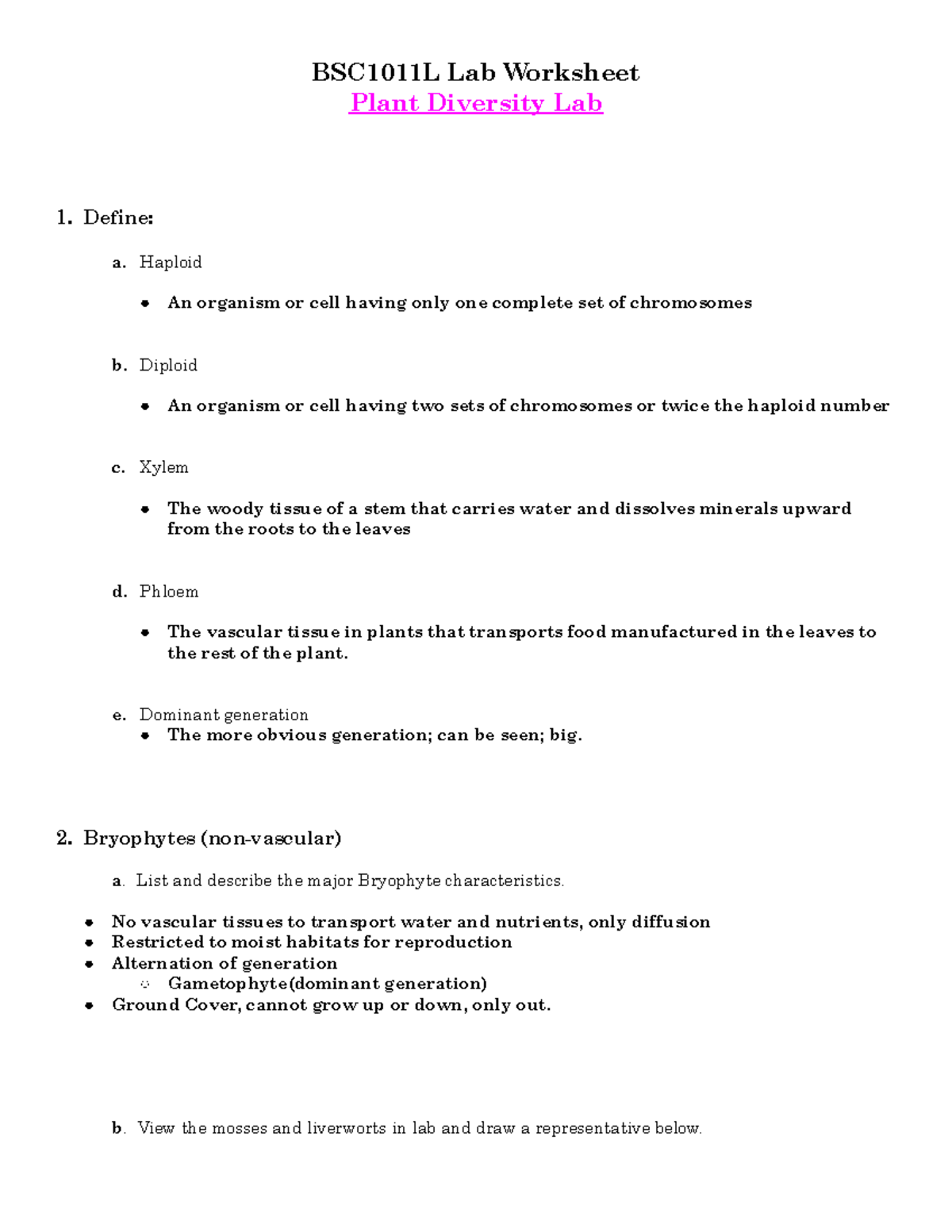 Plant Diversity Worksheet - BSC1011L Lab Worksheet Plant Diversity Lab ...