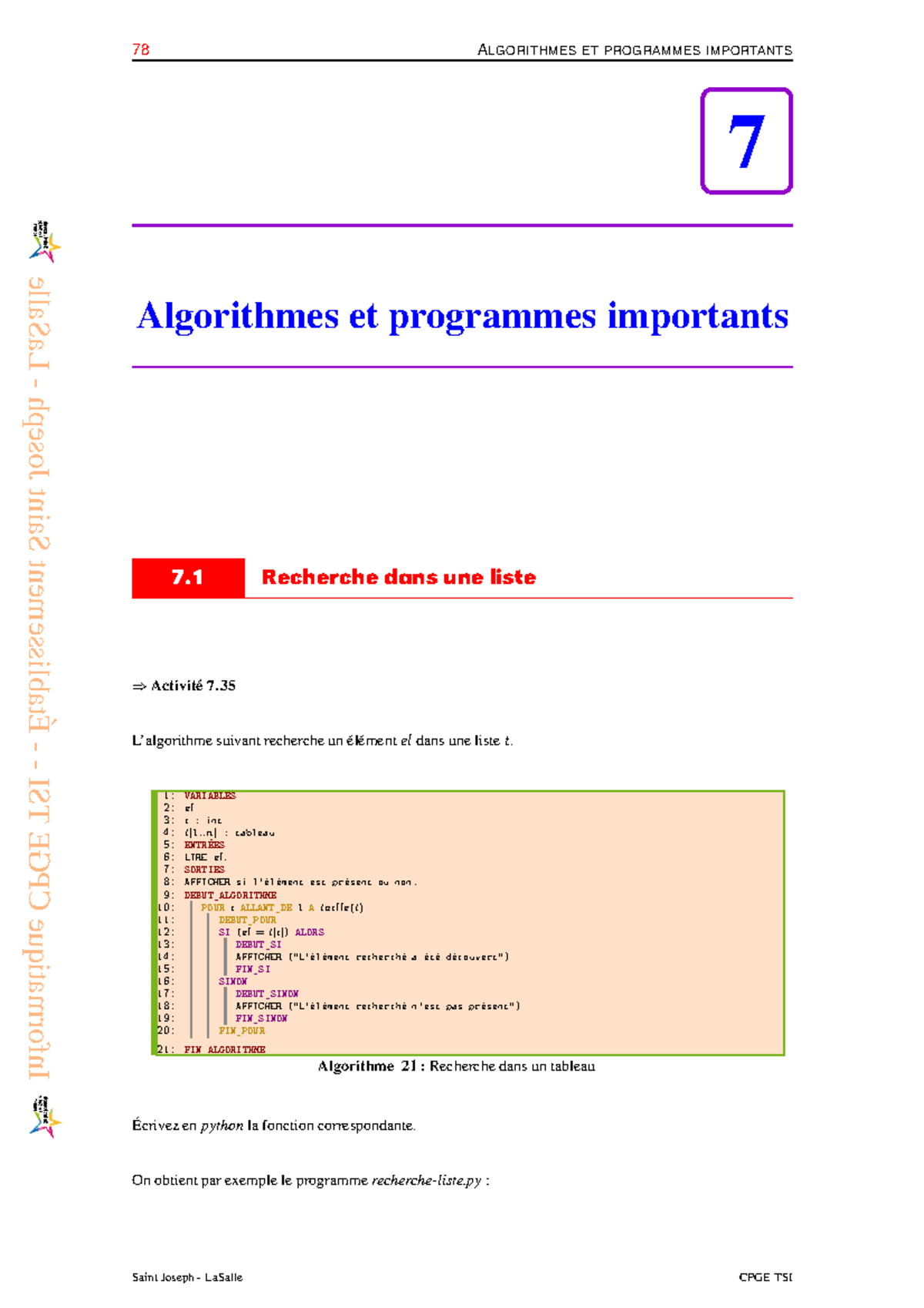 Algorithmes et programmes importants - Informatique CPGE TSI - Établissement Saint Joseph ...