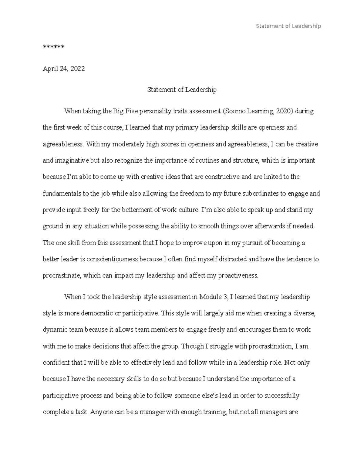 8.2 Project Two - Statement of Leadership - Statement of Leadership ...