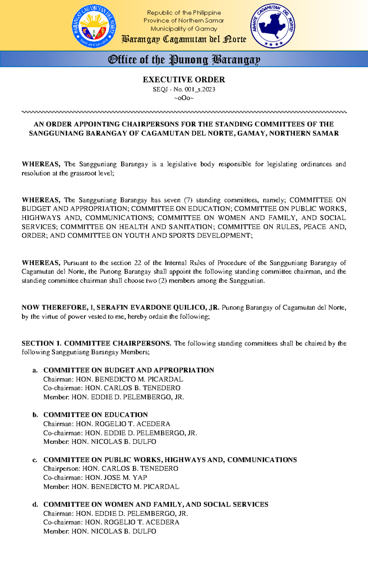 PB EO - 002-2023 - sample ordinance - Republic of the Philippine ...