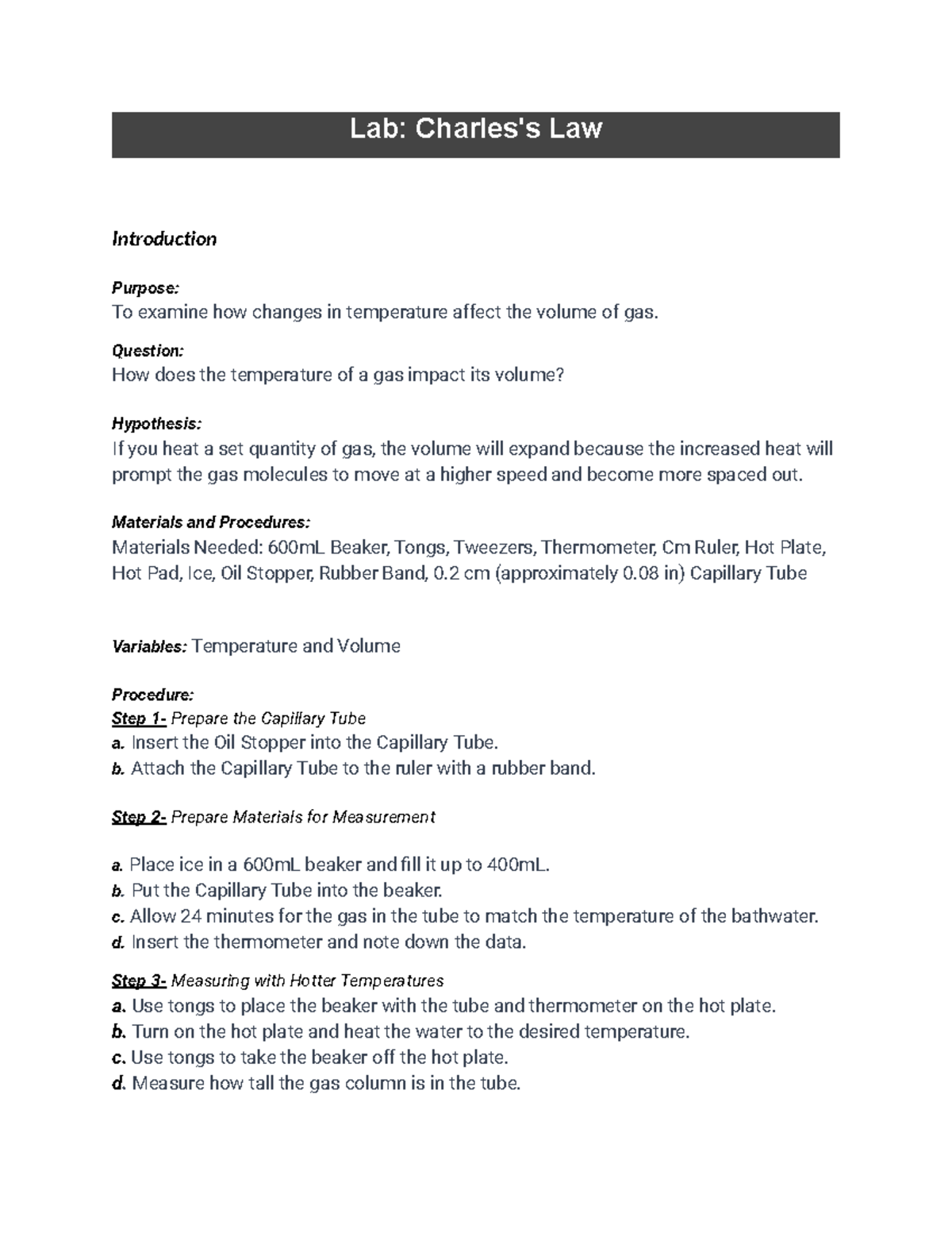 Lab: Charles's Law - Lab: Charles's Law Introduction Purpose: To ...