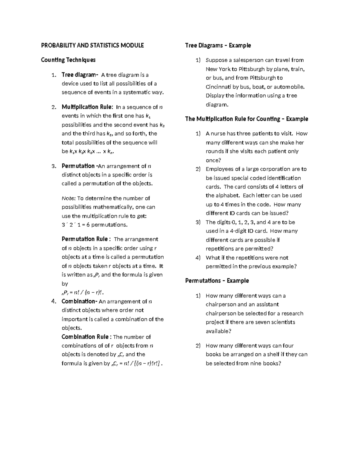 Probability AND Statistics Module - PROBABILITY AND STATISTICS MODULE Counting Techniques 1 ...